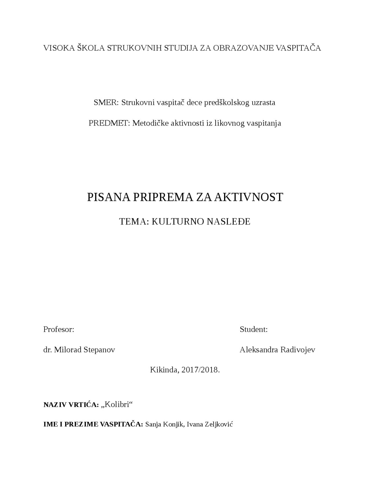 Pripremni plan za radionicu | Beleške' predlog Metodika nastave - Docsity