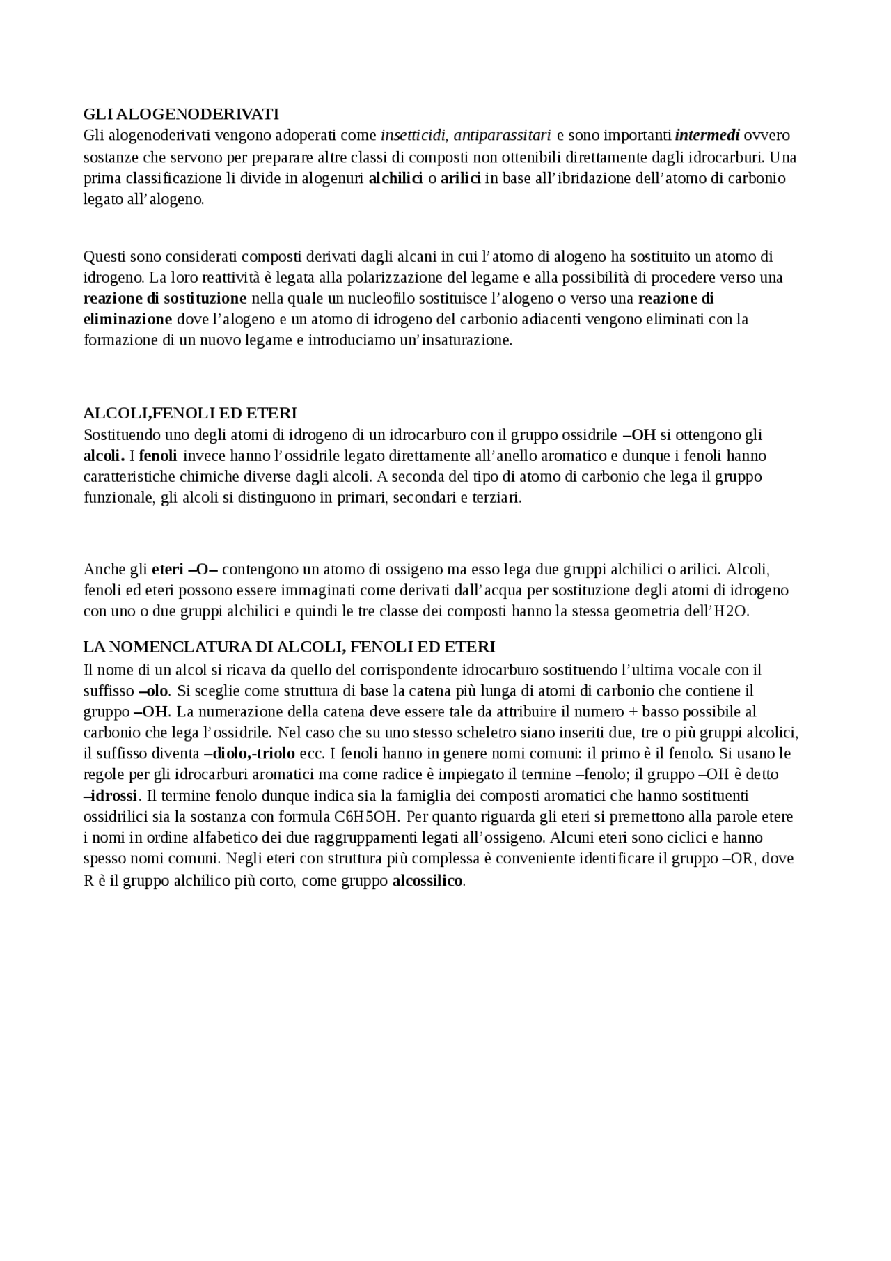 Gli alogenoderivati, alcoli, fenoli ed eteri - Docsity