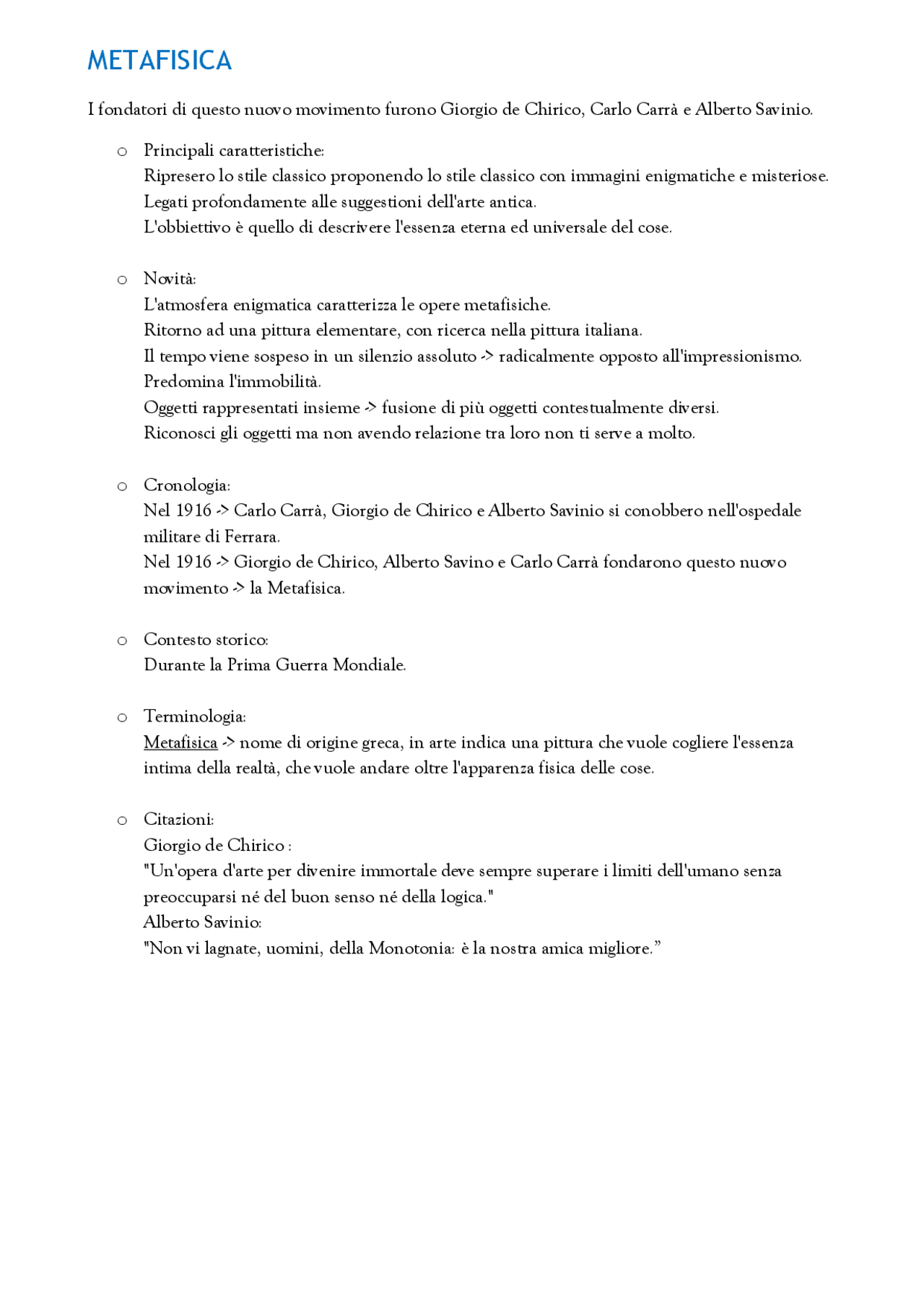 Scheda Riassuntiva Metafisica Docsity