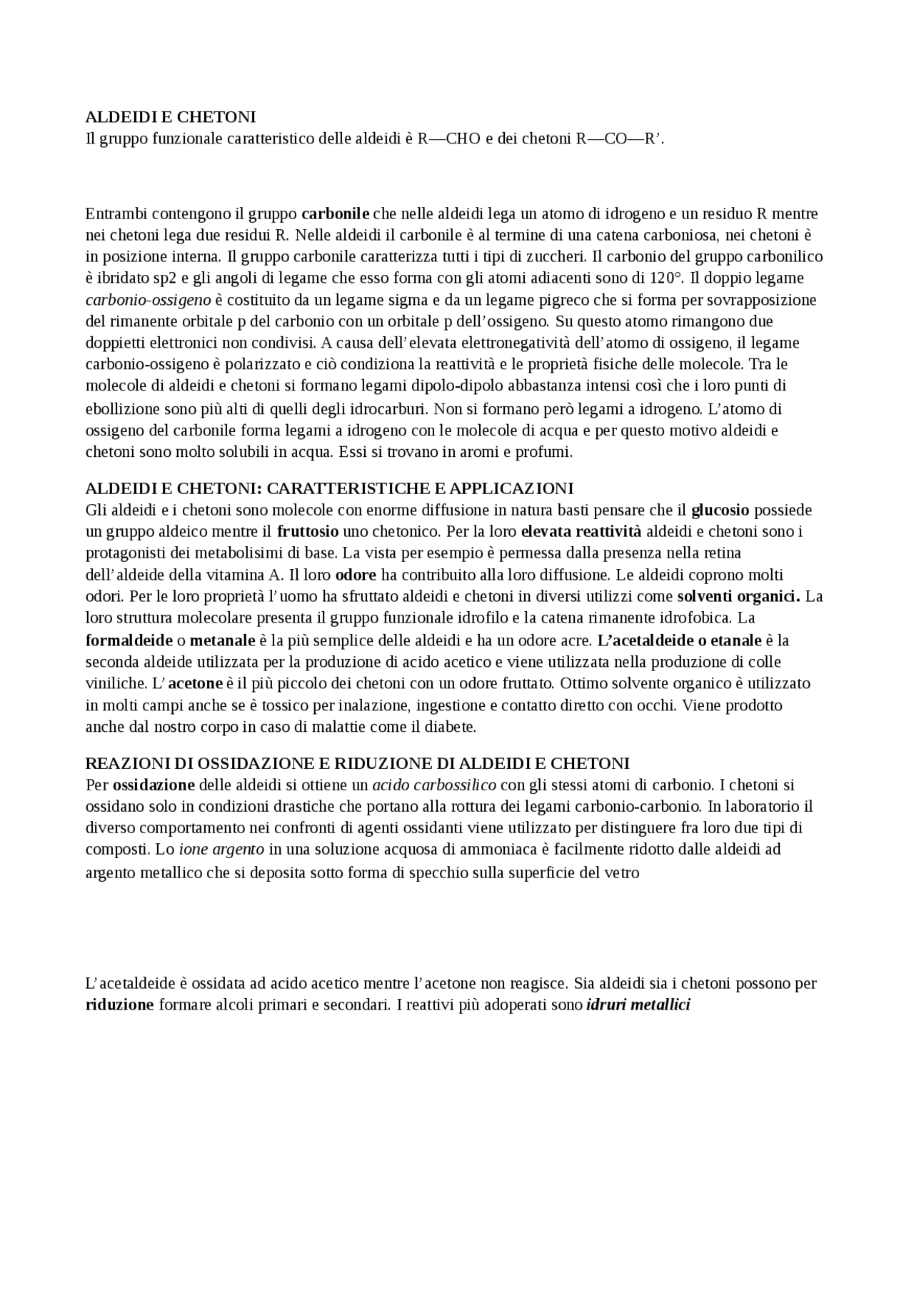 Aldeidi E Chetoni Riassunto Di Chimica Docsity
