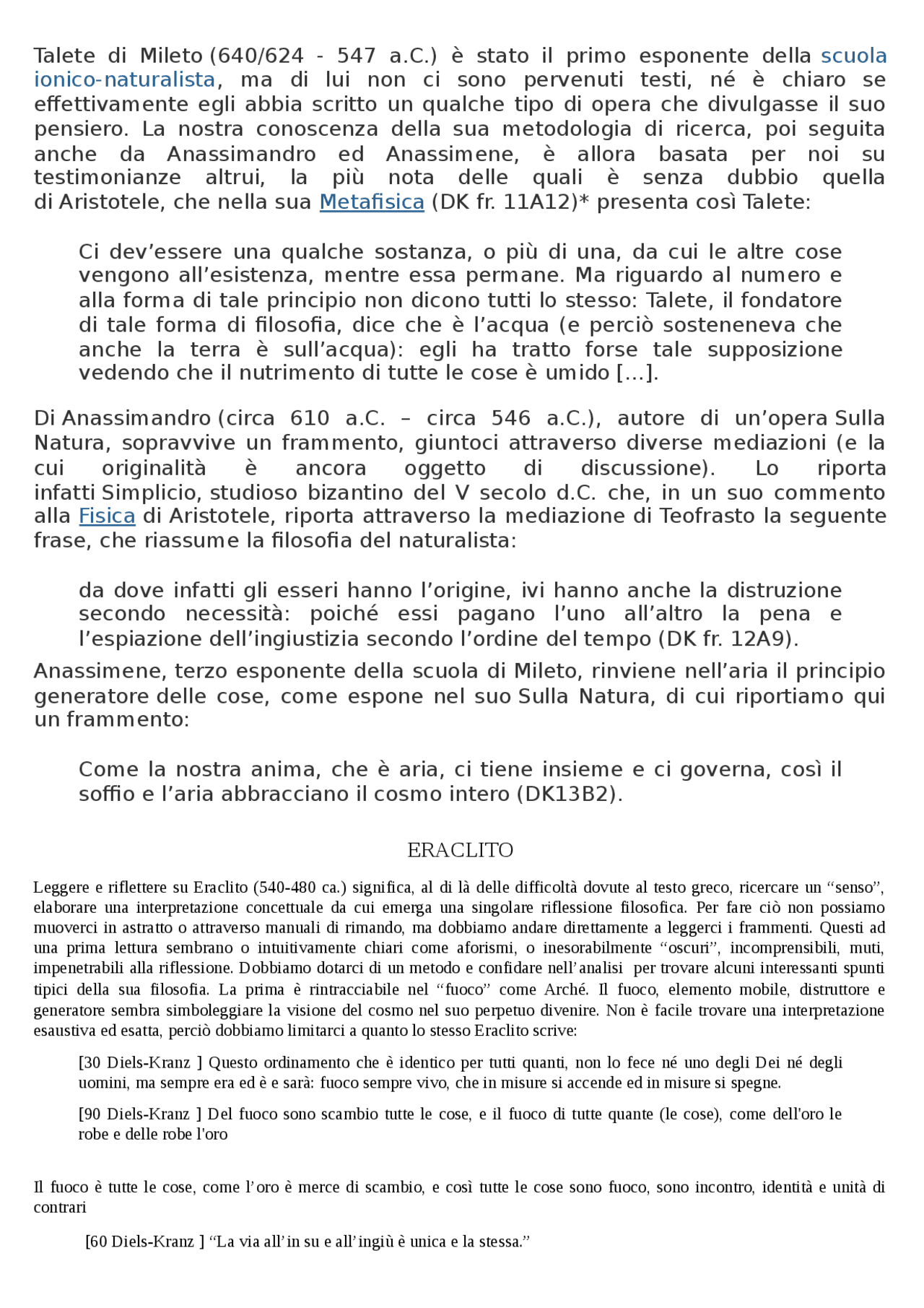 Passi E Commenti Presocratici Talete Anassimene Anassimandro