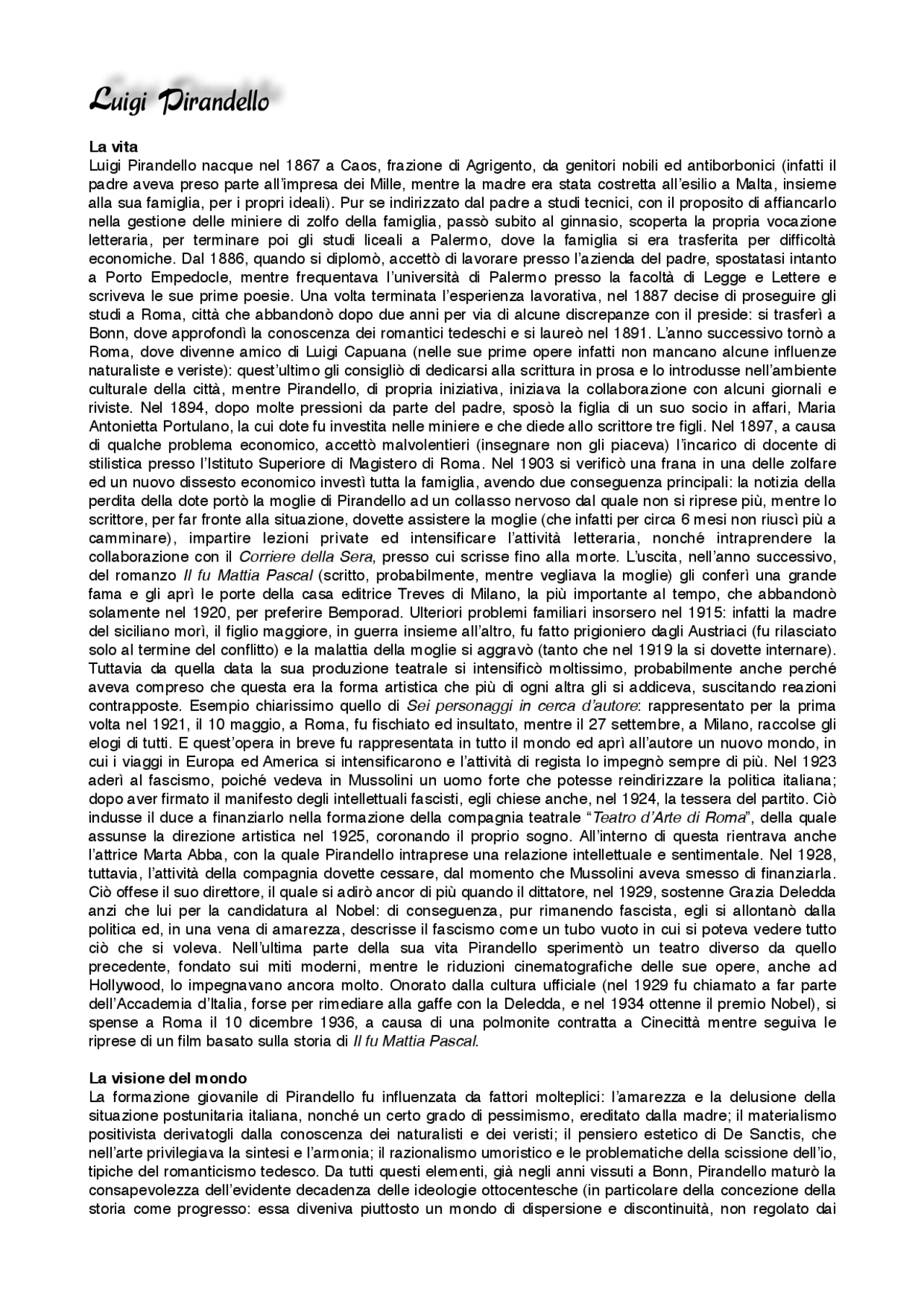 Appunti Su Luigi Pirandello Docsity