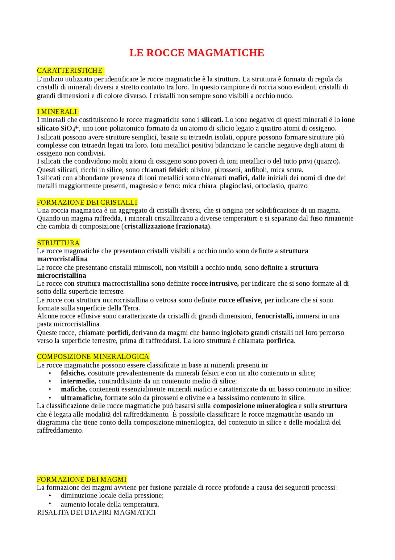 Scienze Della Terra Le Rocce Magmatiche Docsity