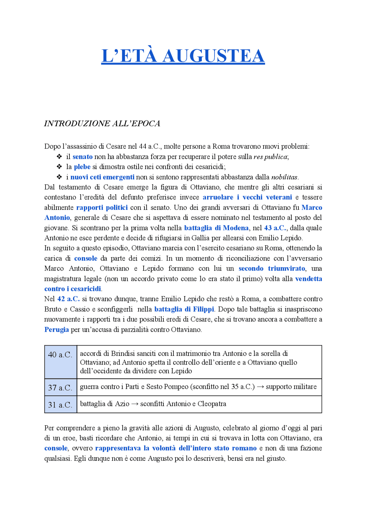 L'Età augustea e le Res Gestae di Augusto - Docsity