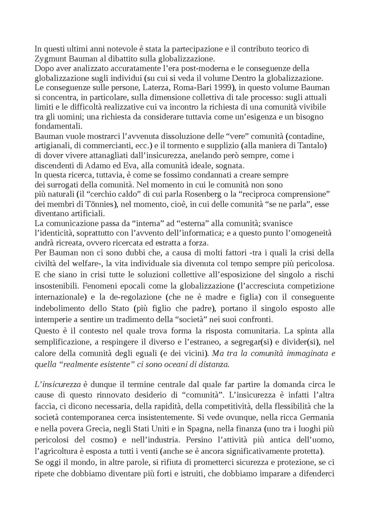 Voglia Di Comunità Di Bauman Docsity