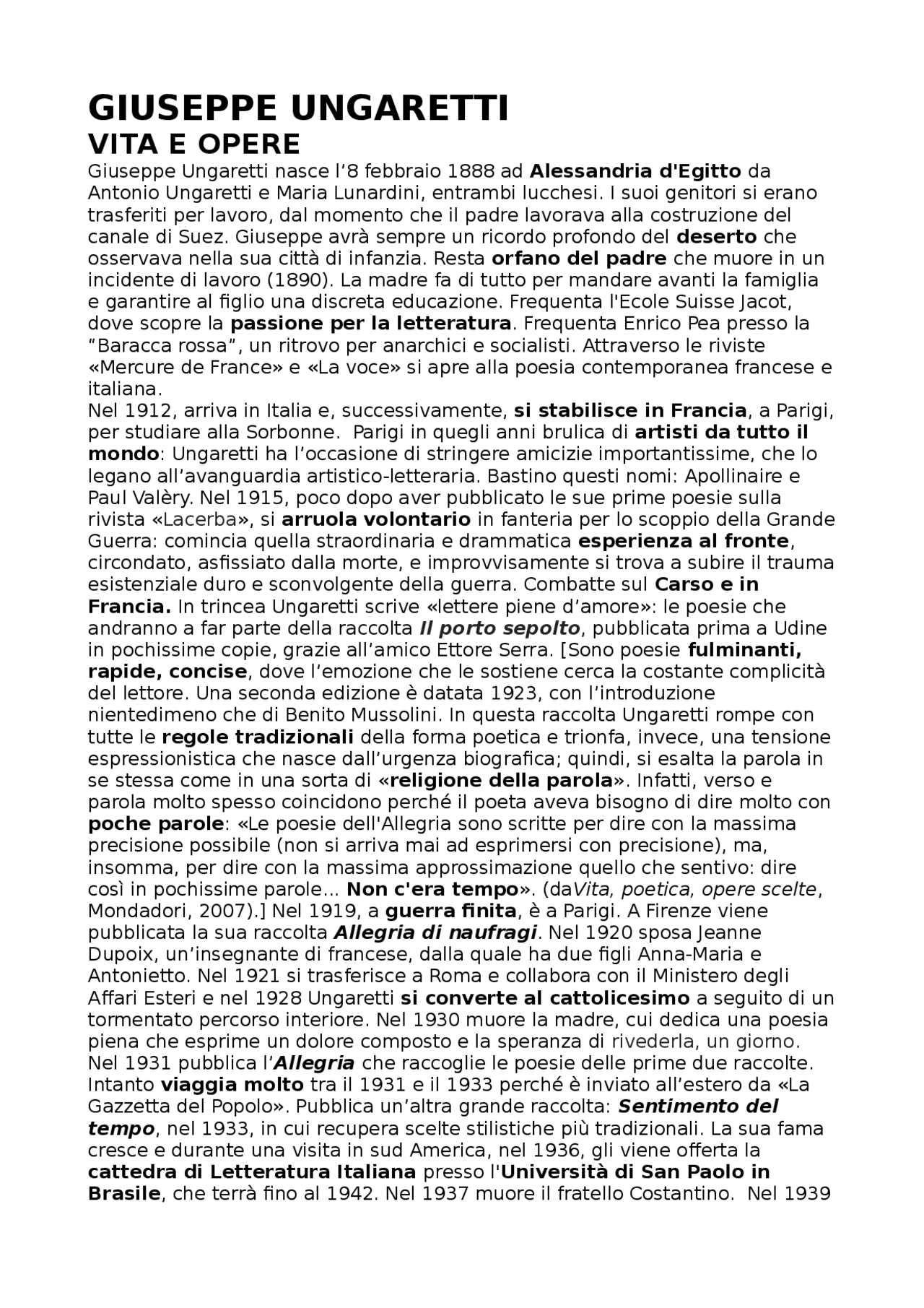 Giuseppe Ungaretti Vita Ed Opere Docsity