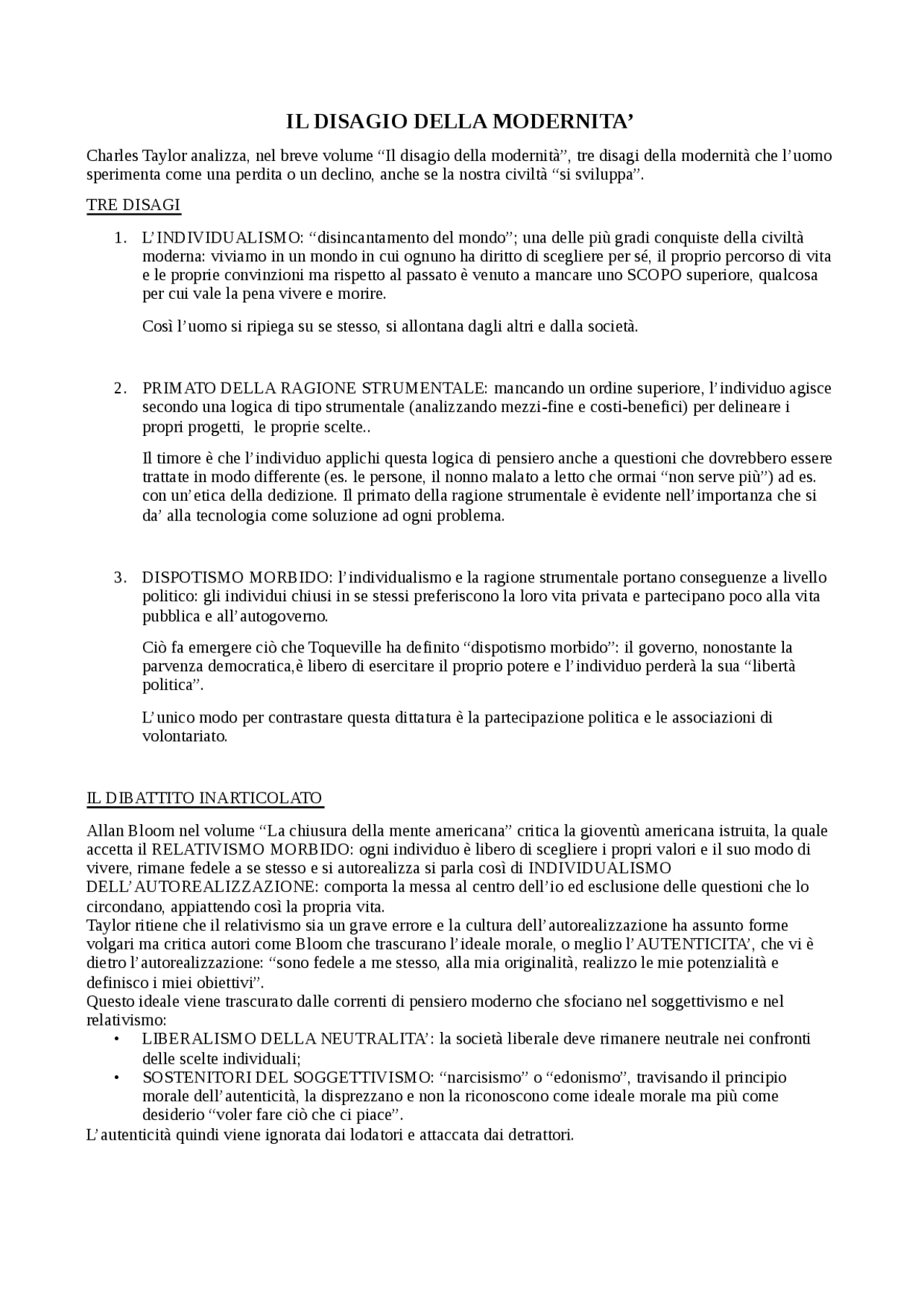 Il Disagio Della Modernità Charles Taylor Sintesi Del Corso Di