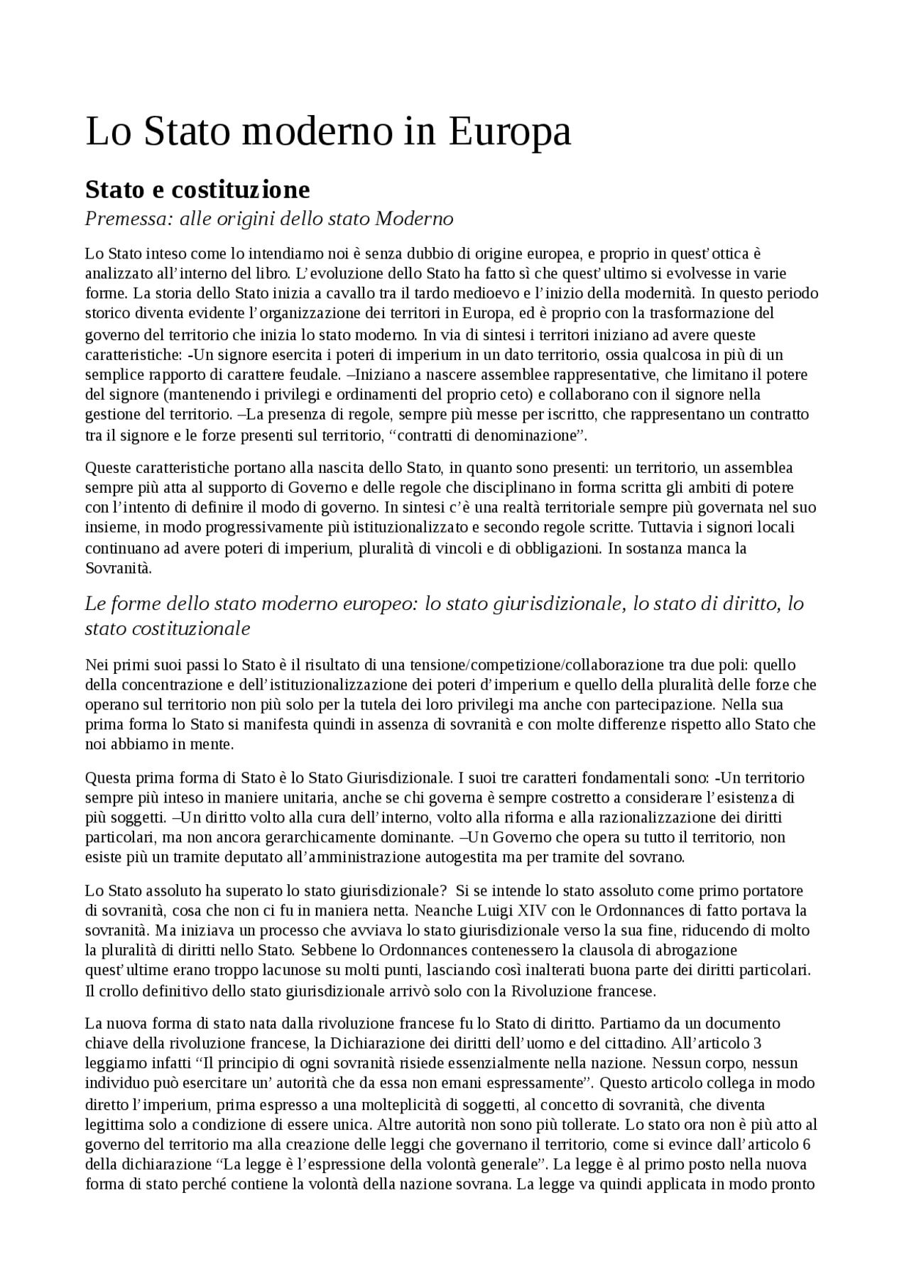 Lo Stato Moderno in Europa- Istituzioni e Diritto - Docsity