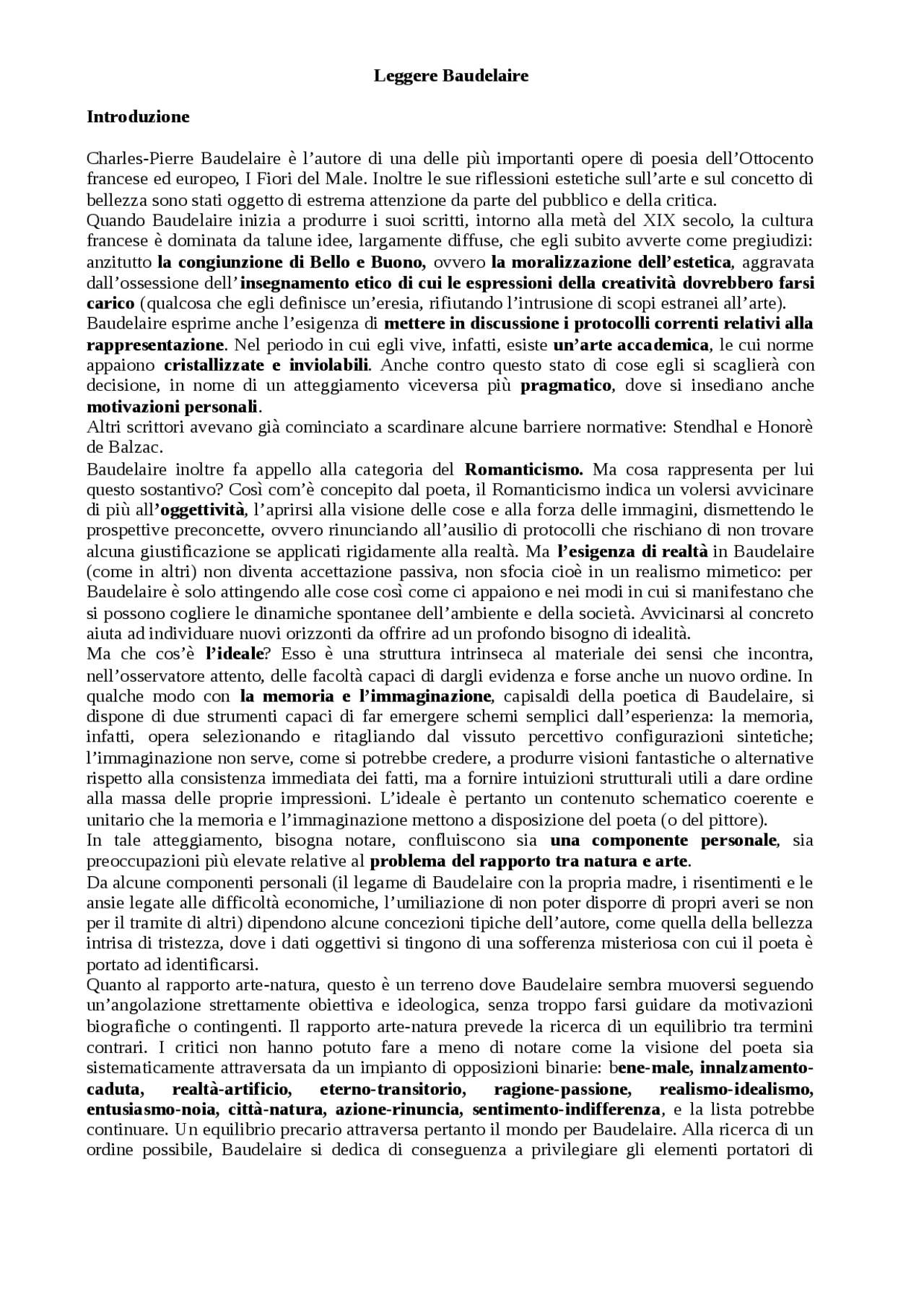 Leggere Baudelaire Massimo Blanco Docsity