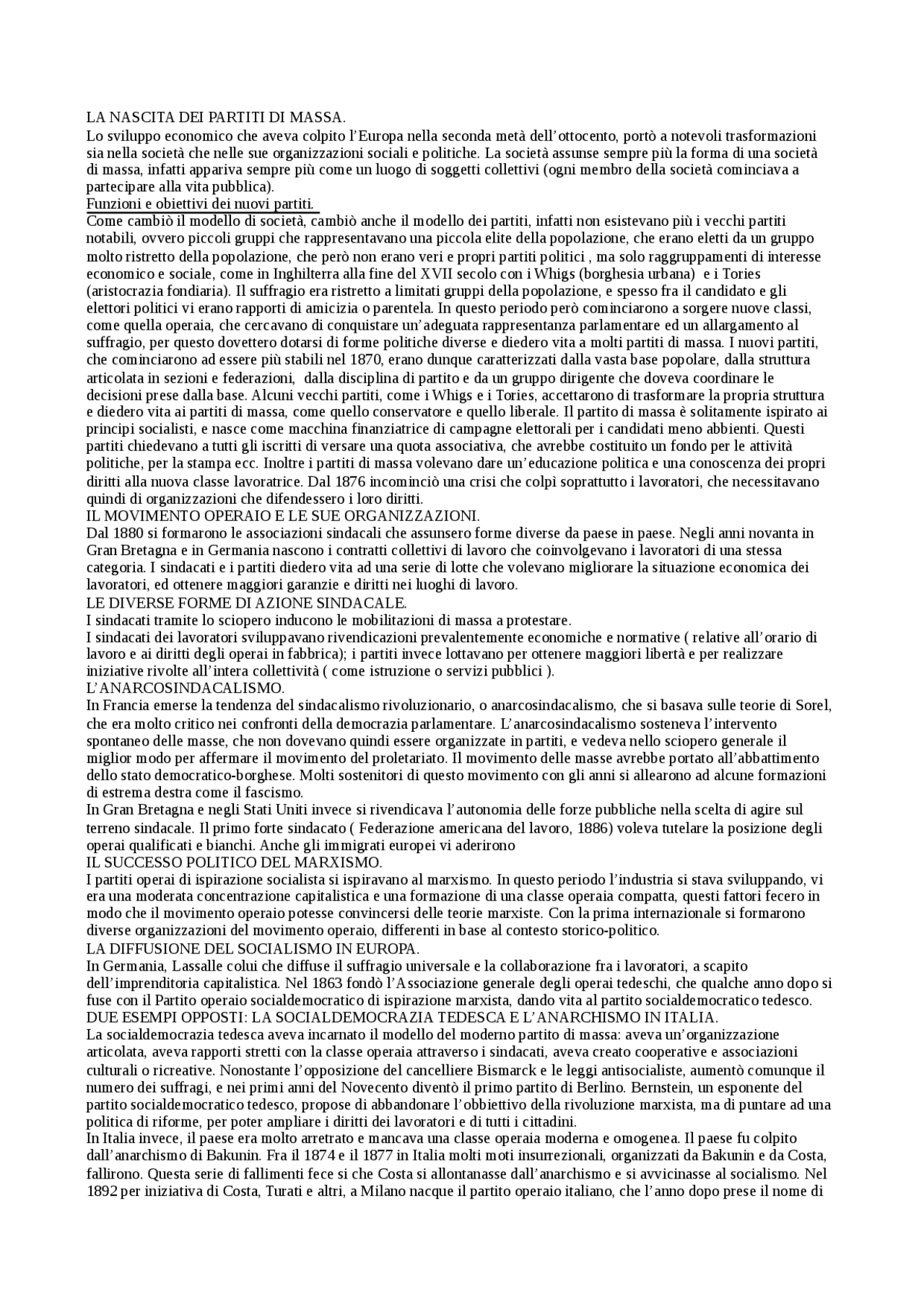 Nascita Dei Partiti Di Massa Appunti Di Storia Docsity