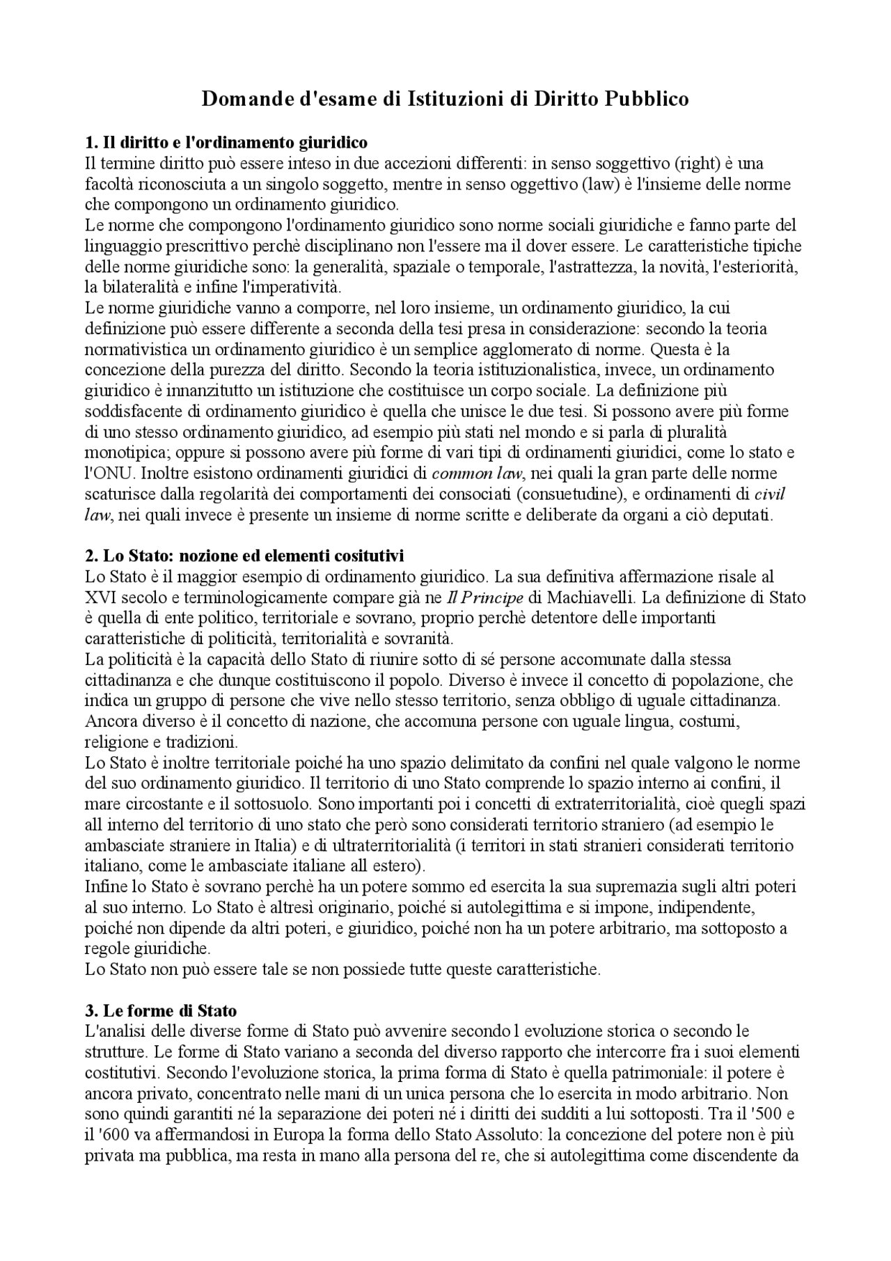 Domande utili per preparazione esame di diritto pubblico - Docsity