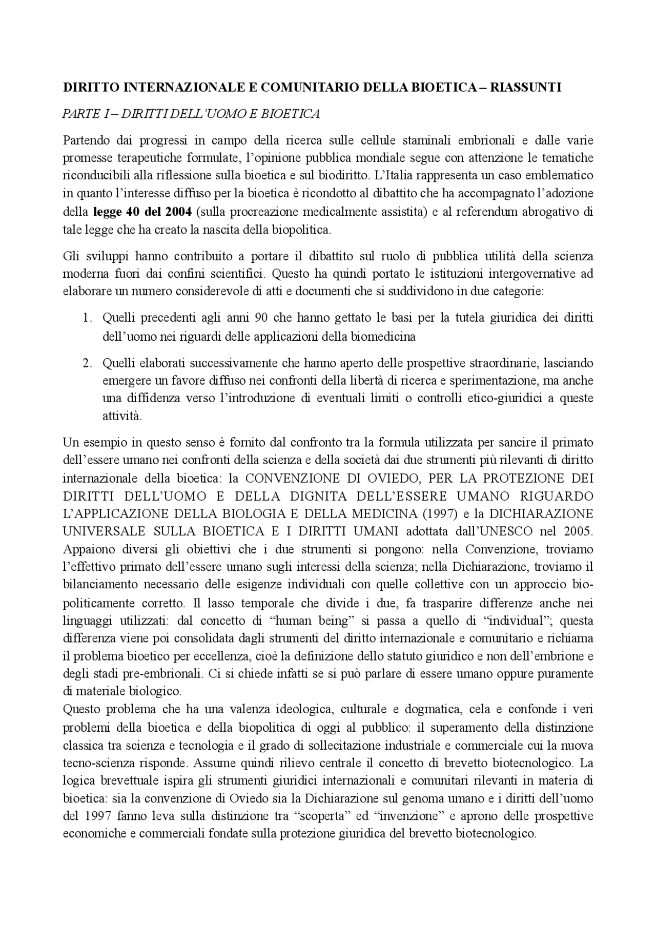 Diritto internazionale e comunitario della bioetica marini - Docsity
