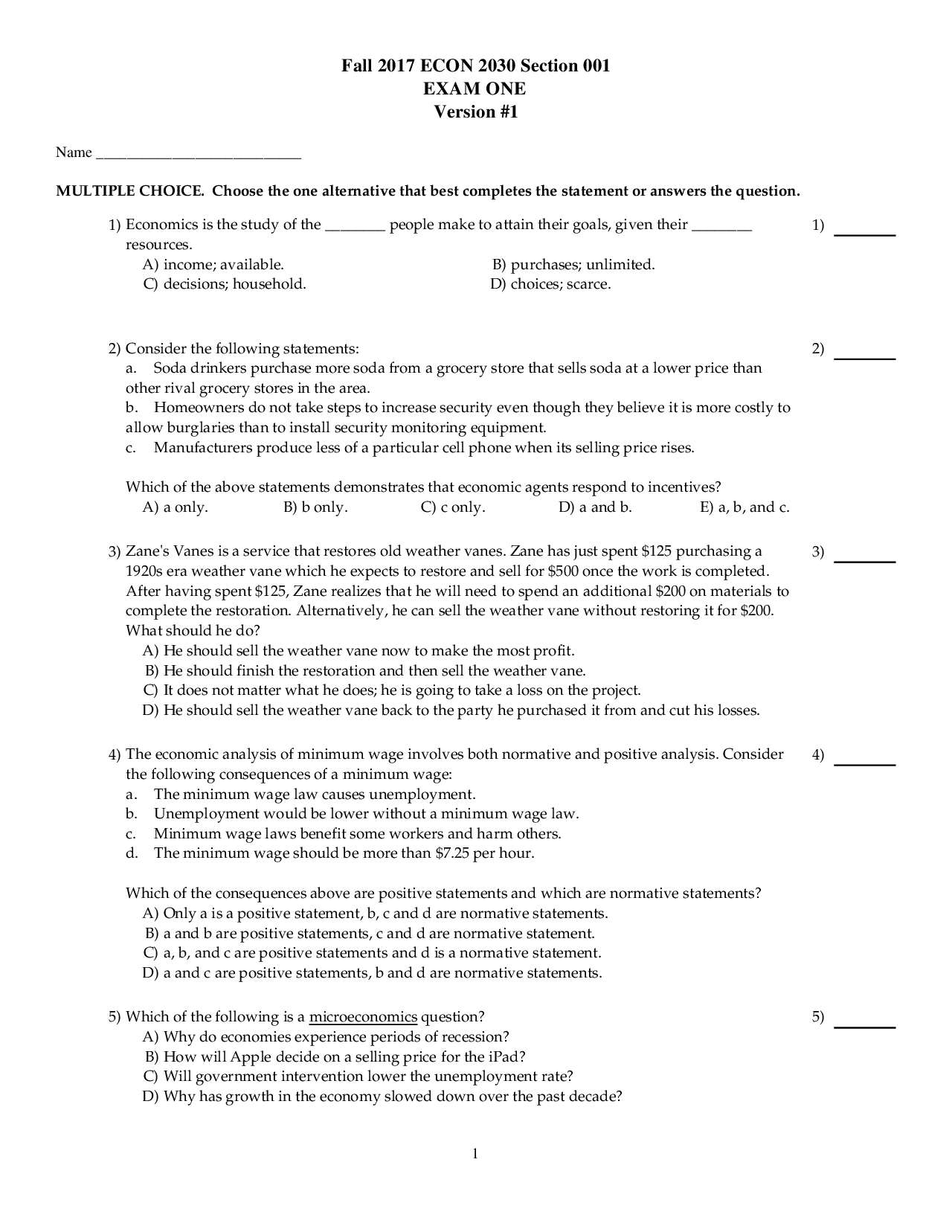 Exam 1 Version 1 Principles Of Macroeconomics Econ 2030 Docsity