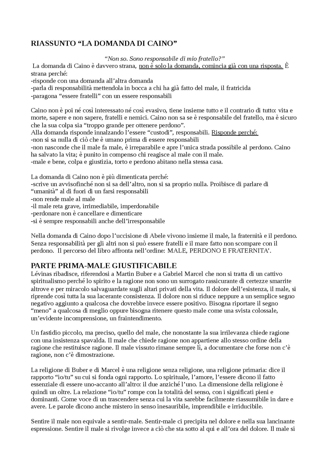 Riassunto La Domanda Di Caino Franco Riva Docsity