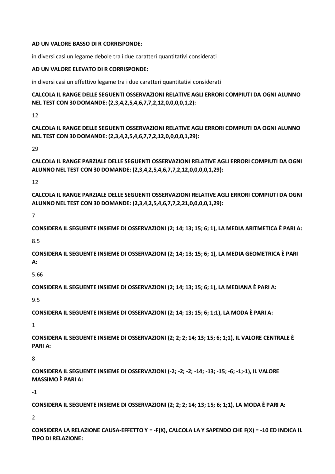 Test Esame Statistica Università Pegaso Docsity