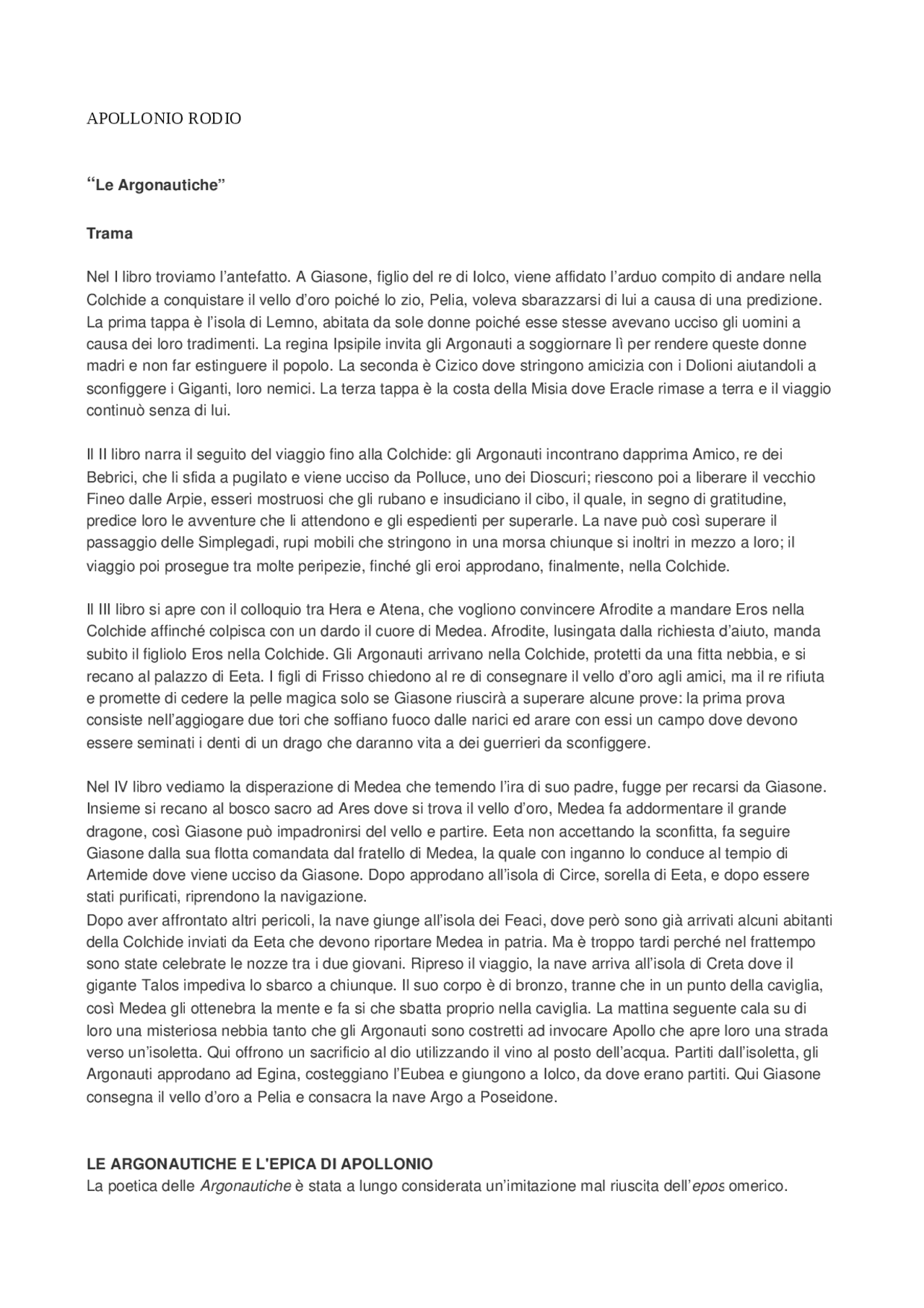 Apollonio rodio riassunto greco - Docsity