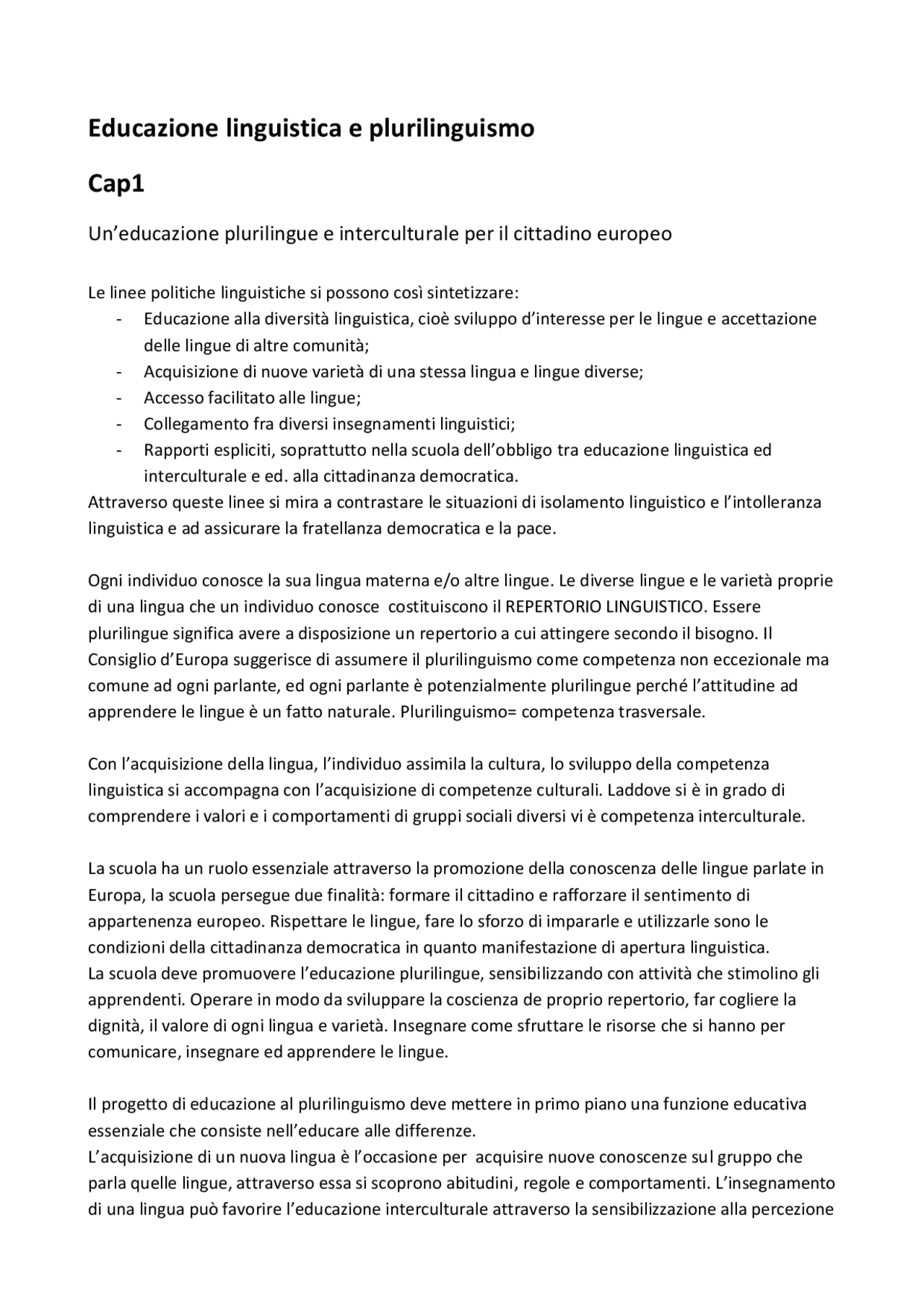 Educazione linguistica e plurilinguismo - Docsity