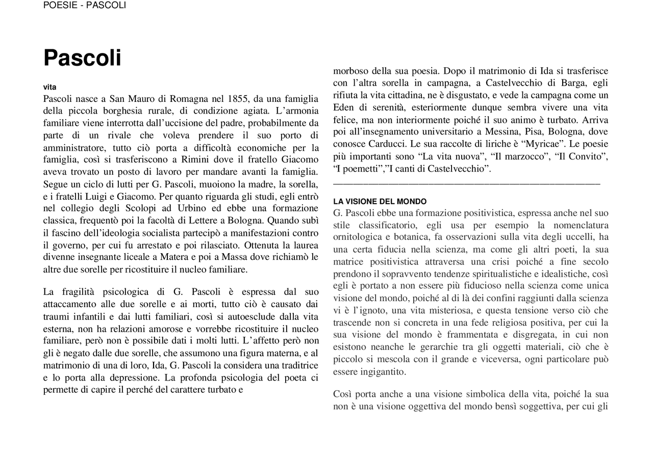 Pascoli Riassunto Docsity