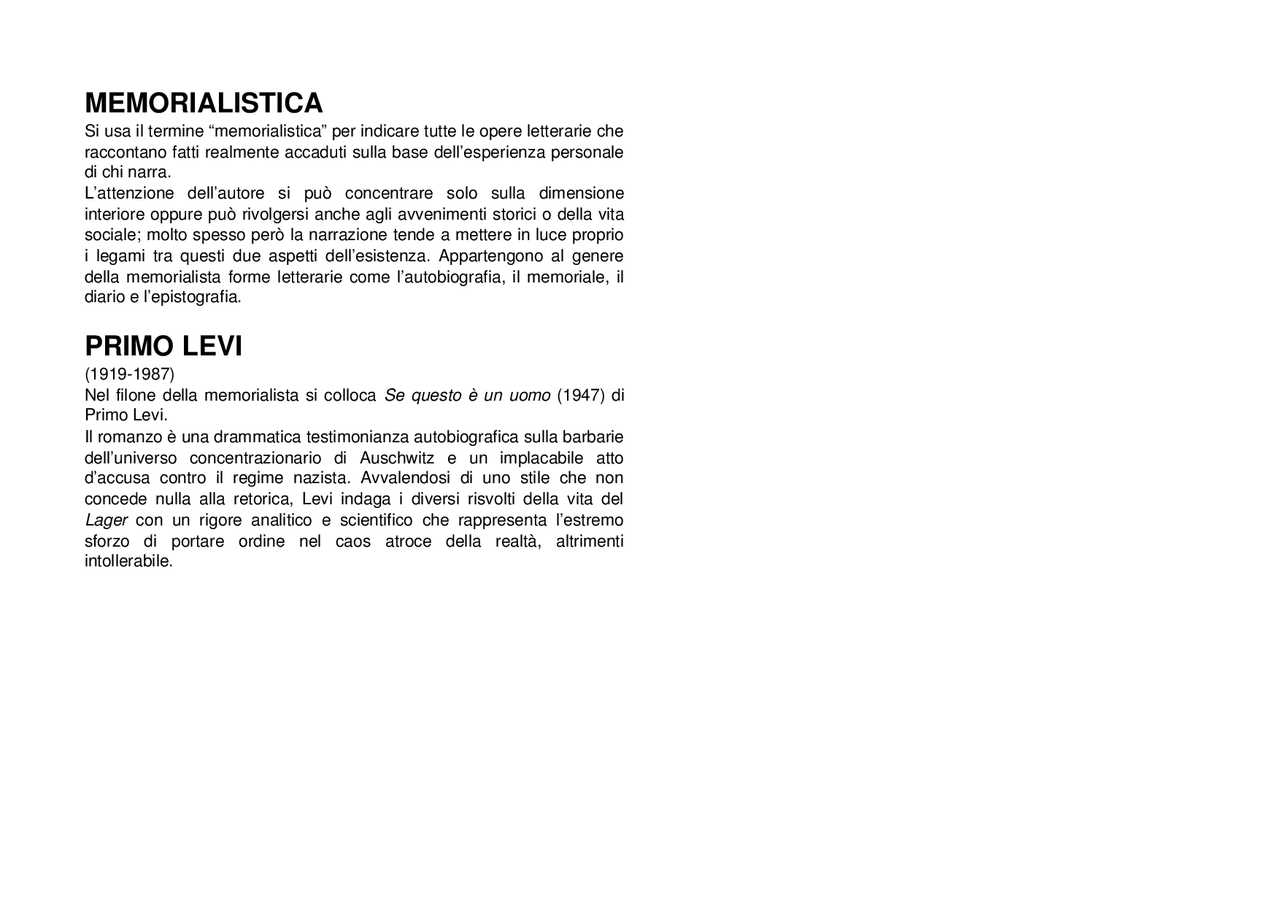 Memorialistica E Primo Levi Riassunto Docsity