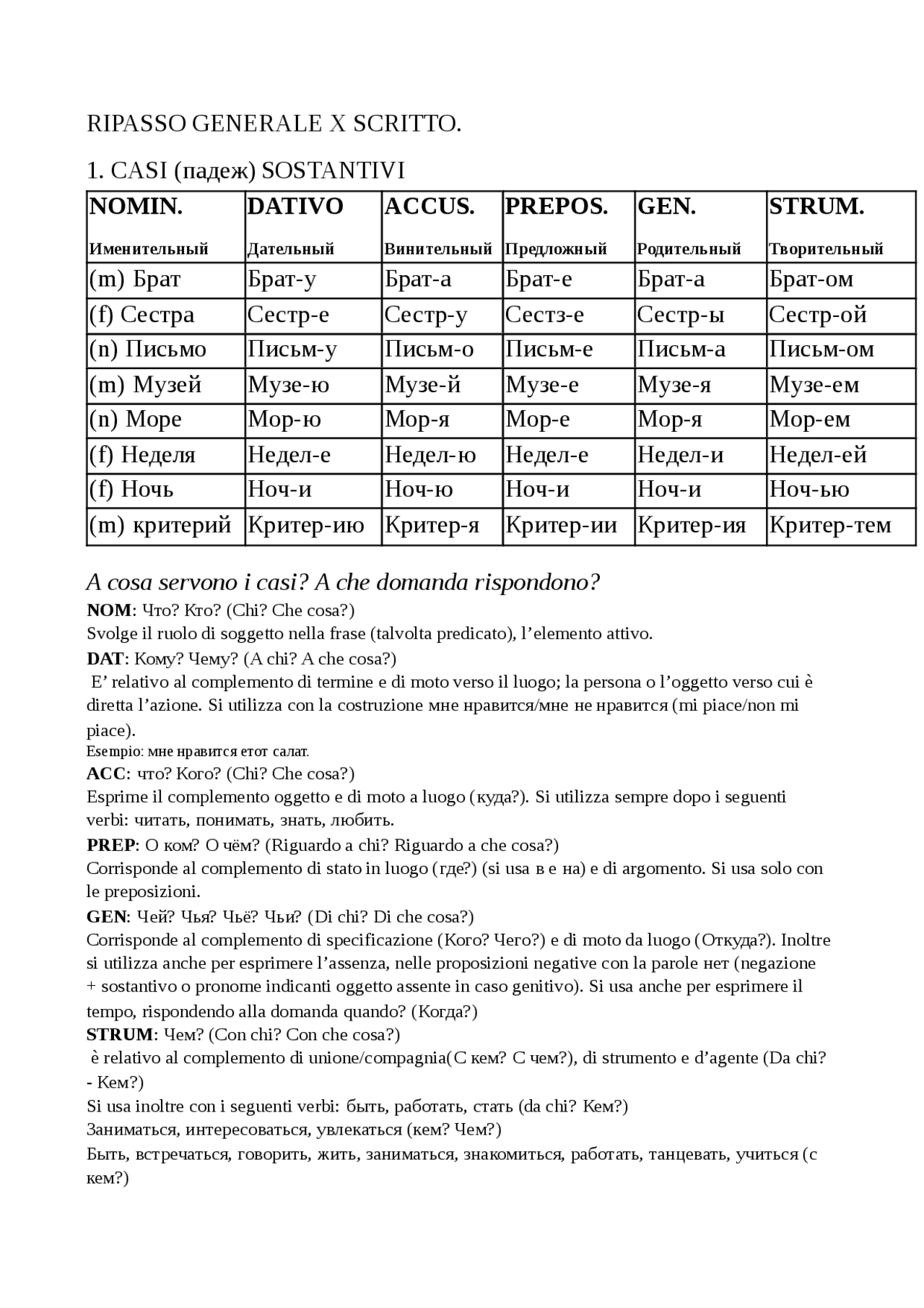 Tabella Riassuntiva Grammatica Russa Base Docsity