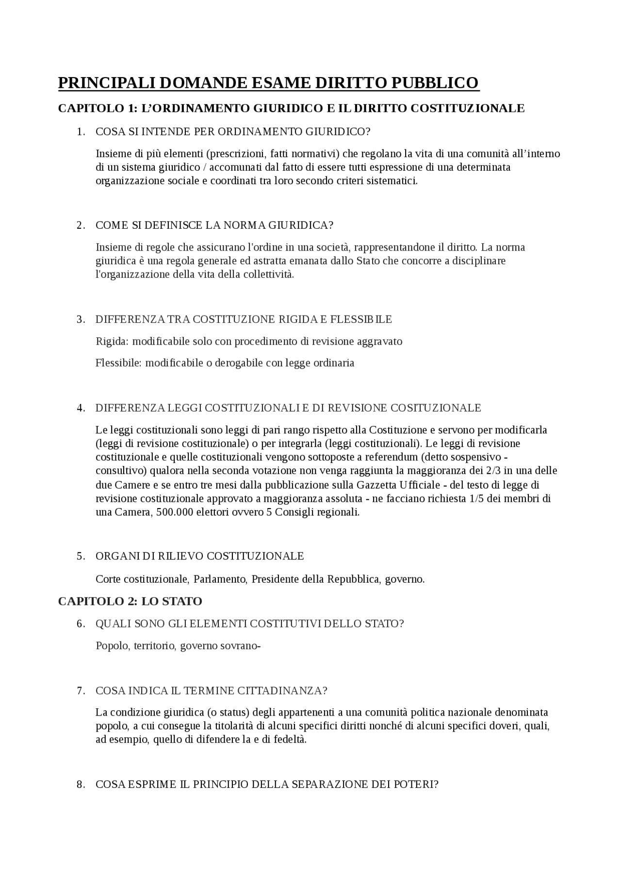 Principali Domande Diritto Pubblico Prove Desame Di Diritto Docsity