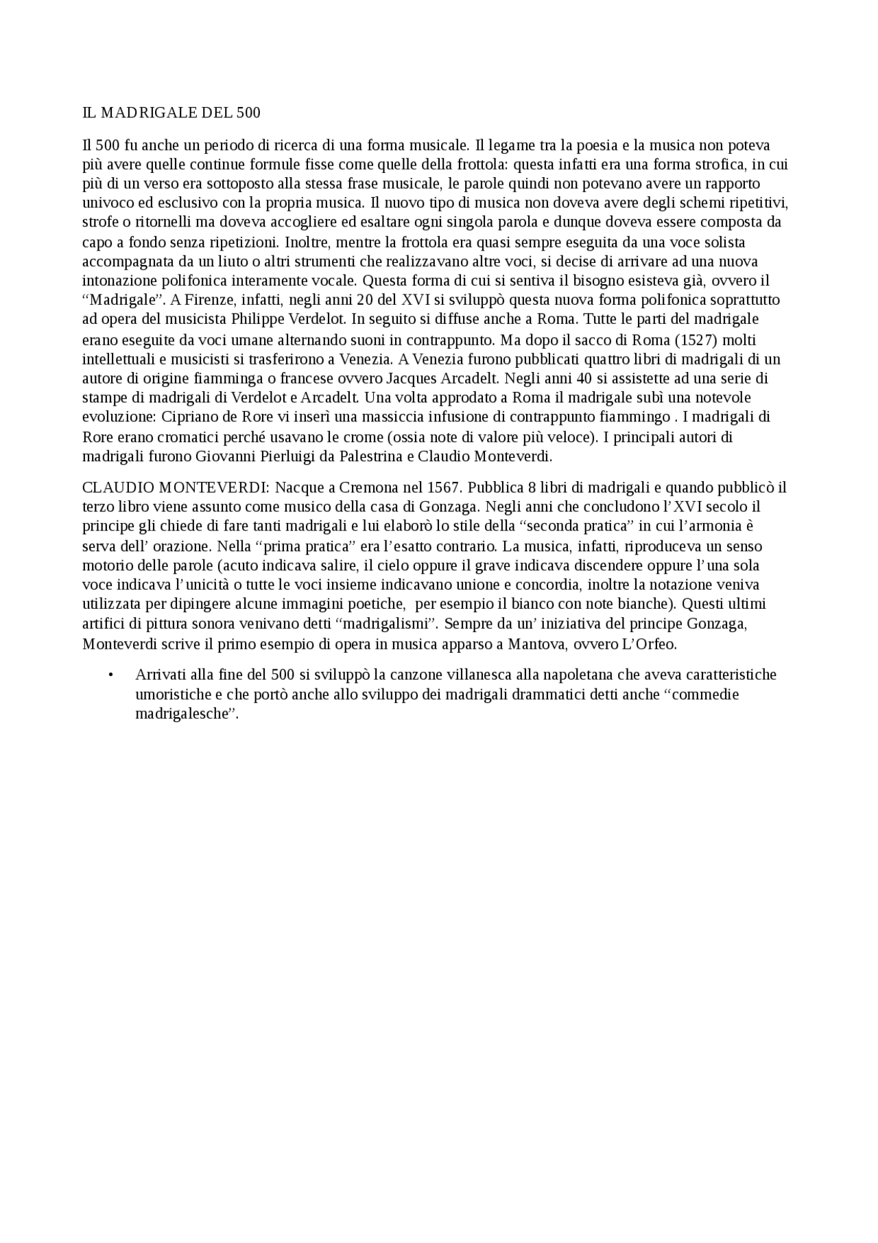 Il Madrigale del 500 | Appunti di Musica | Docsity