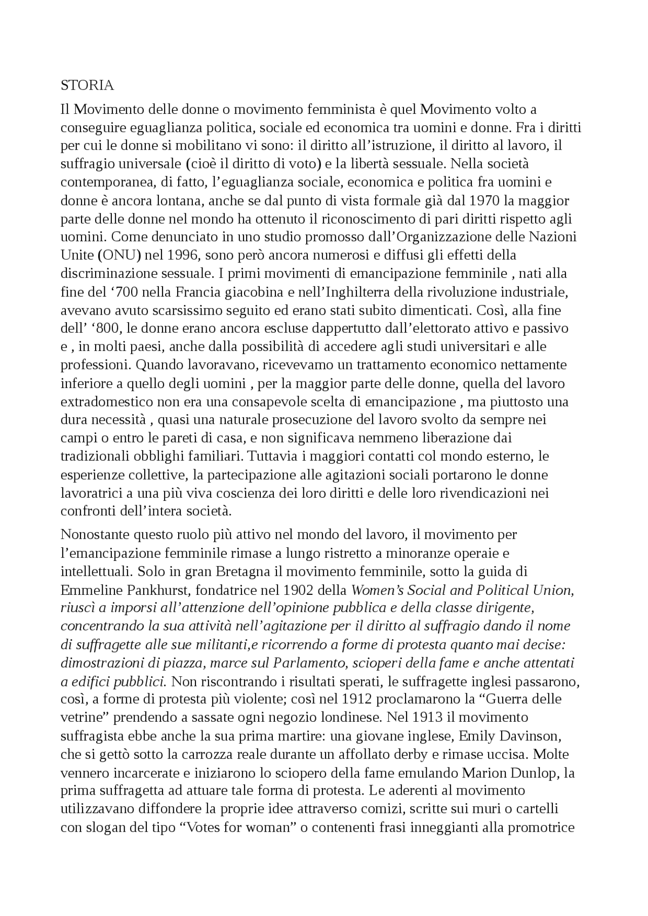 Storia Il Movimento Femminista E Le Suffraggette Docsity