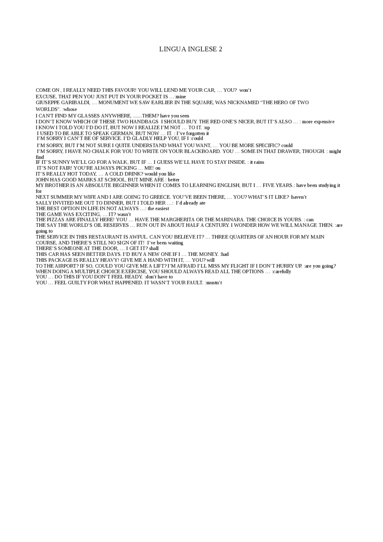 Test Di Autovalutazione Inglese 2 Docsity