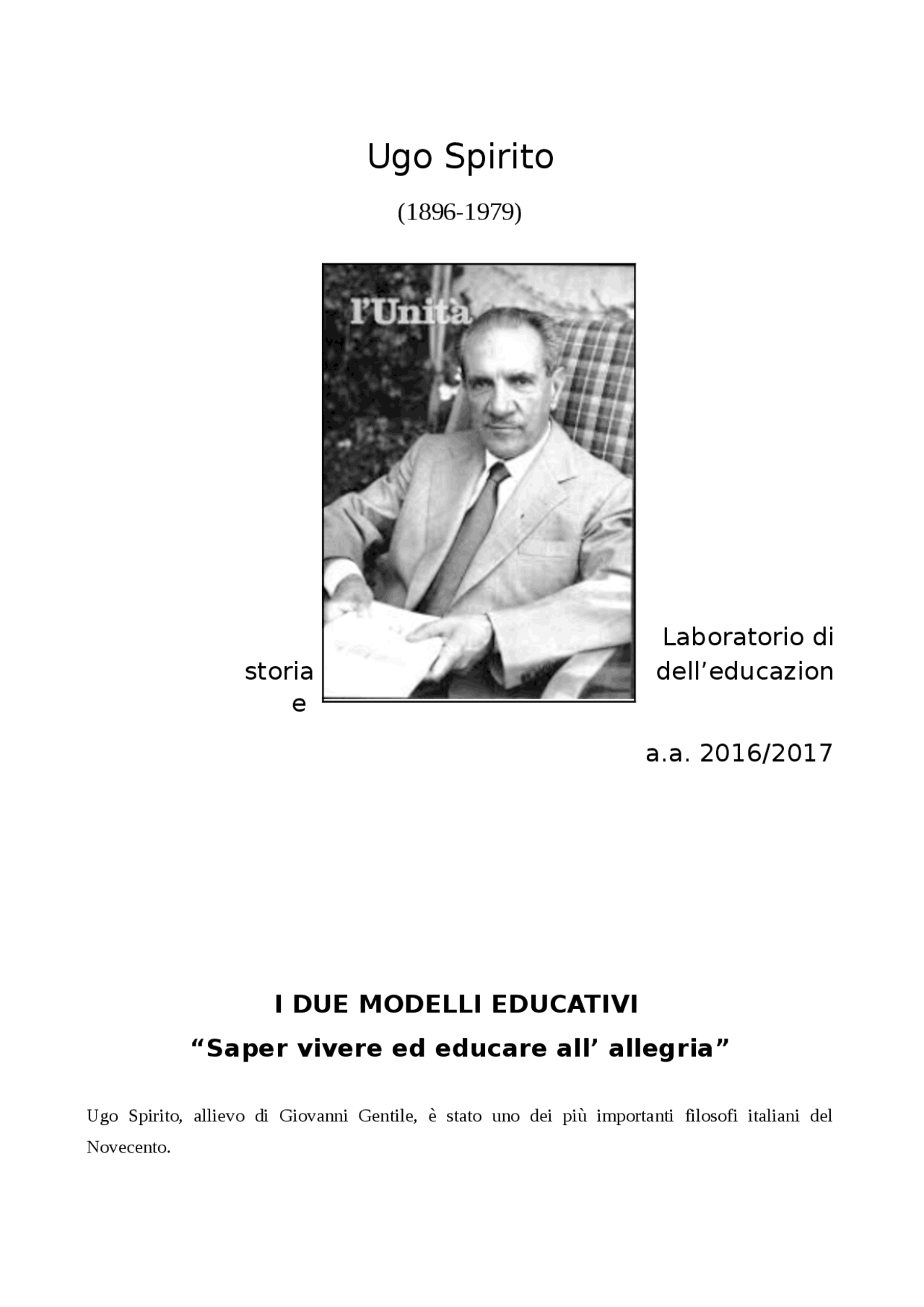 Ugo Spirito E I Modelli Educativi Docsity