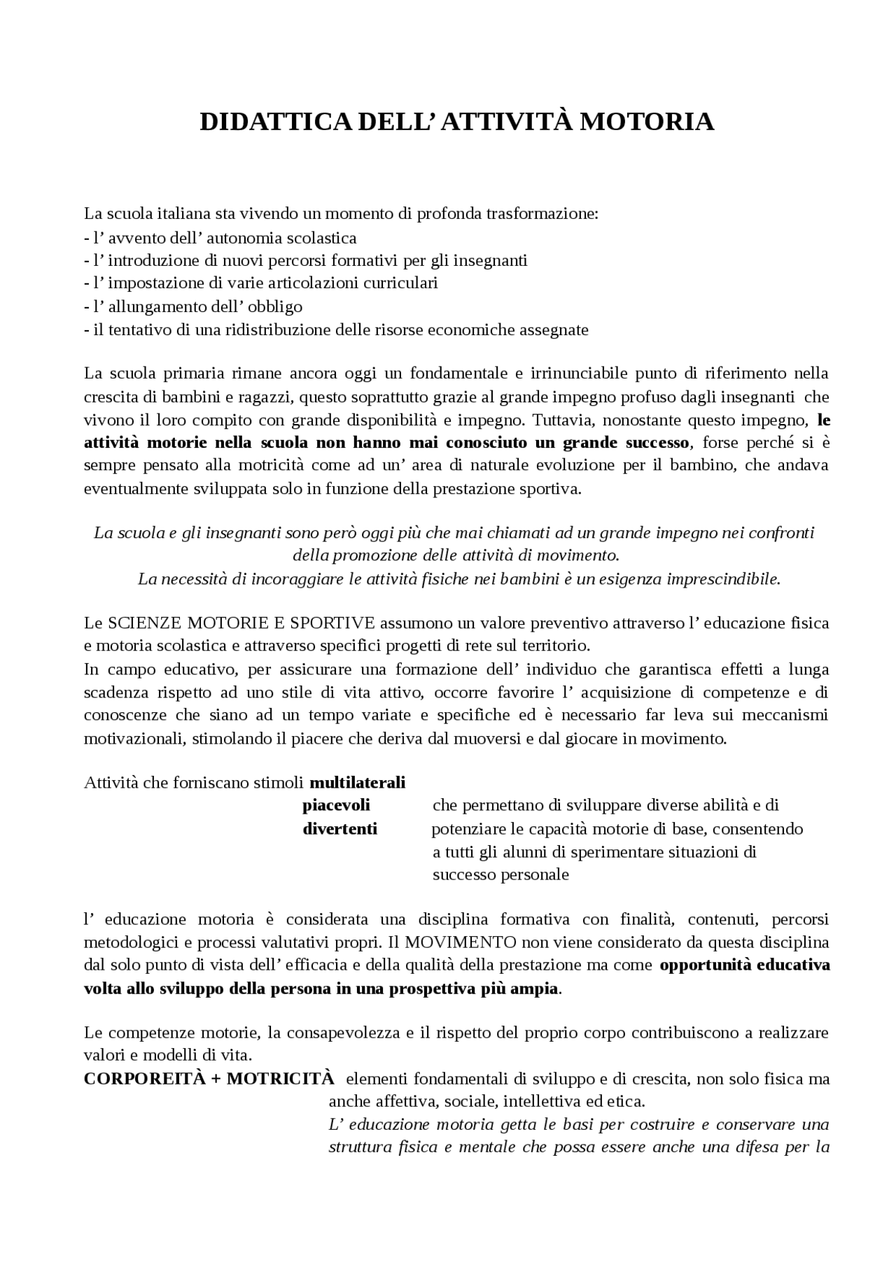 Didattica dell'attività motoria - Docsity