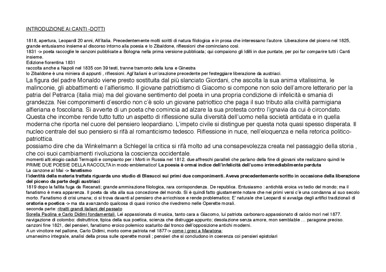Riassunto Spiegazione Canti Leopardi Docsity