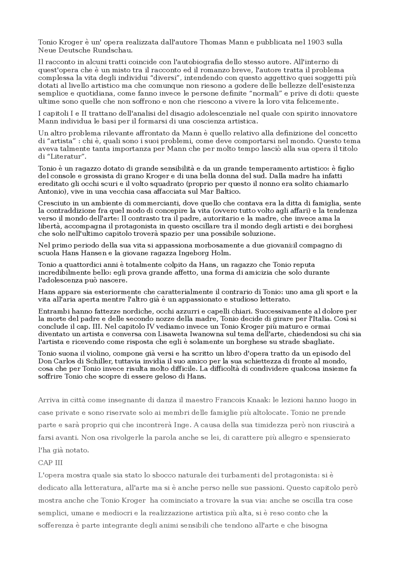 Tonio Kroger Riassunto Del Libro Appunti Di Letteratura Docsity