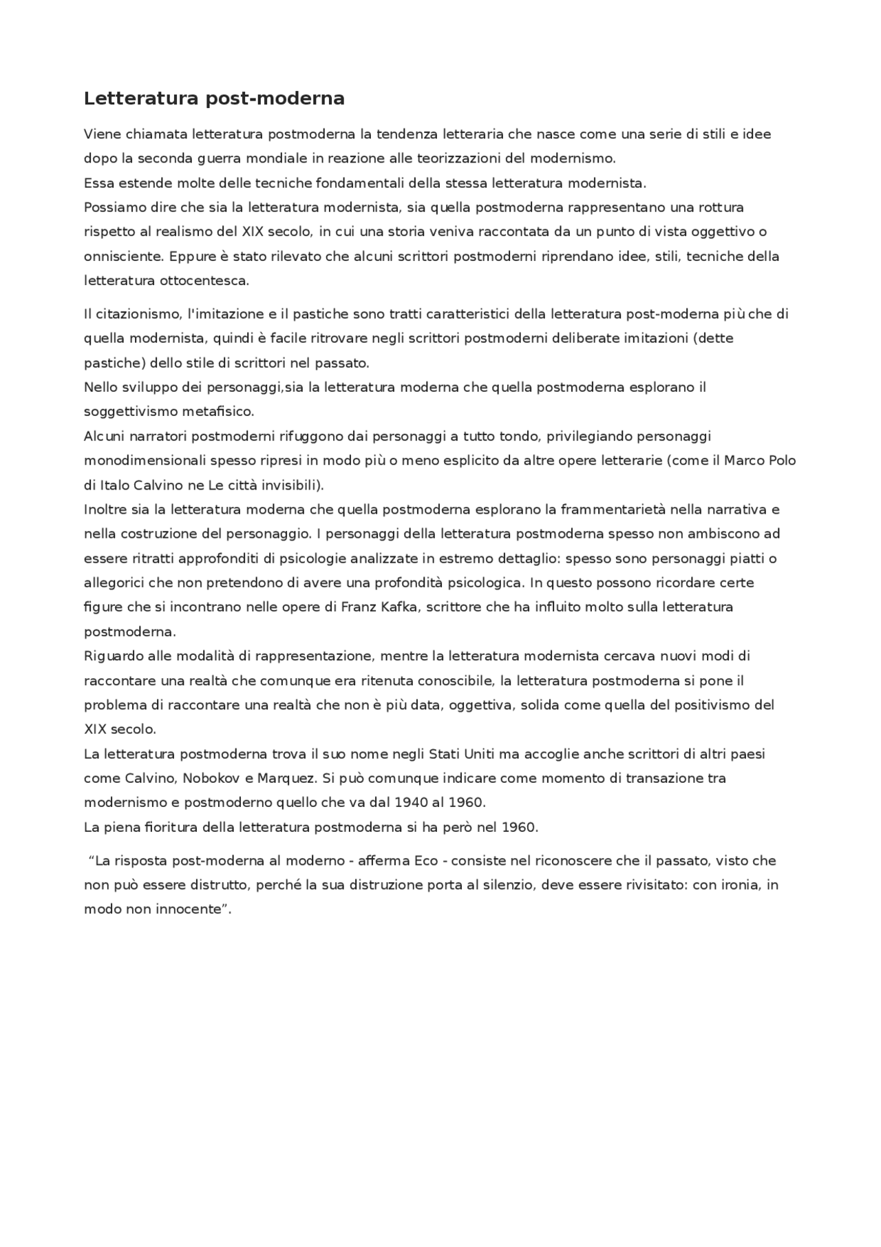 La letteratura post-moderna : Lyotard - Docsity