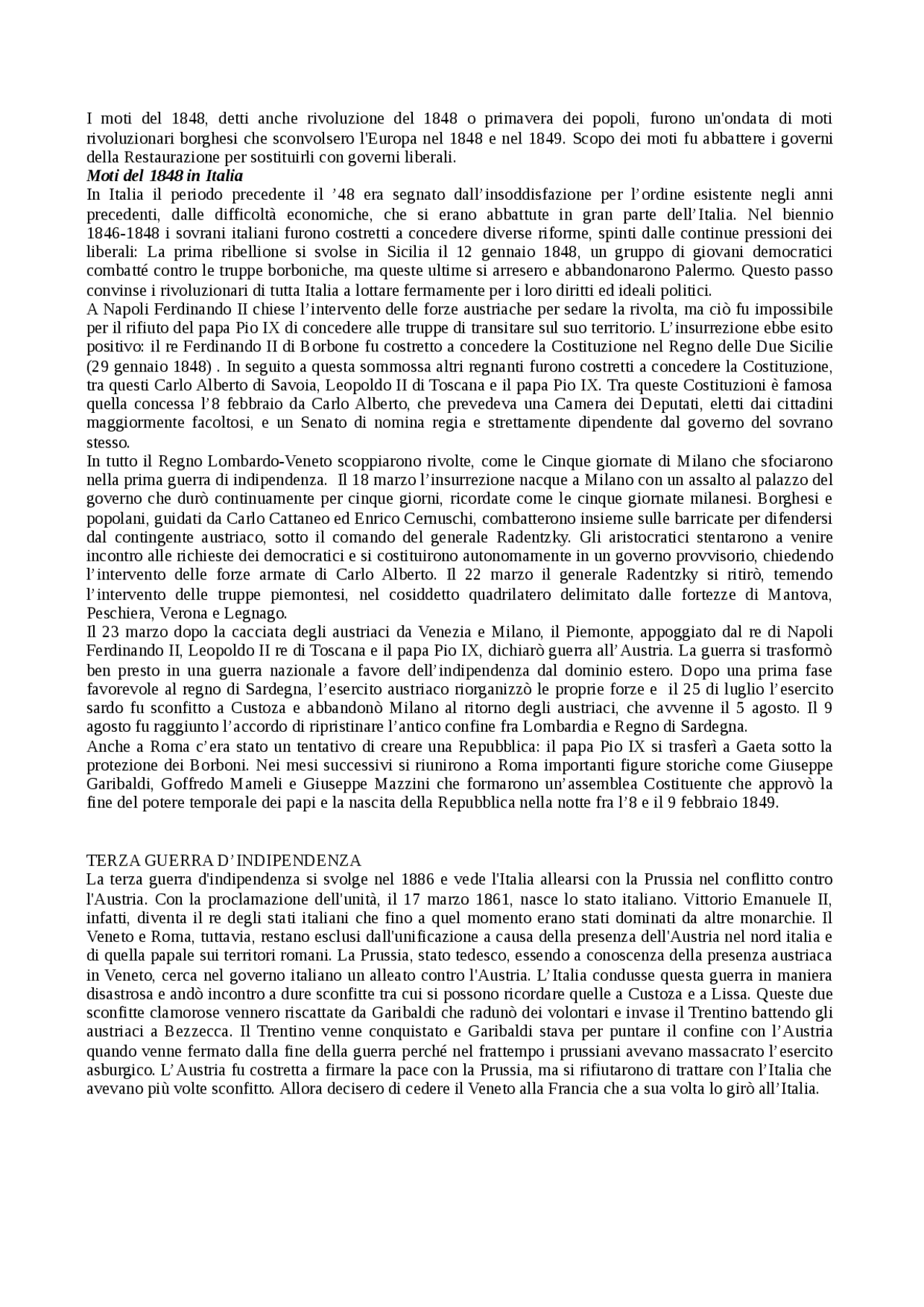 I Moti Rivoluzionari Del 48 Docsity