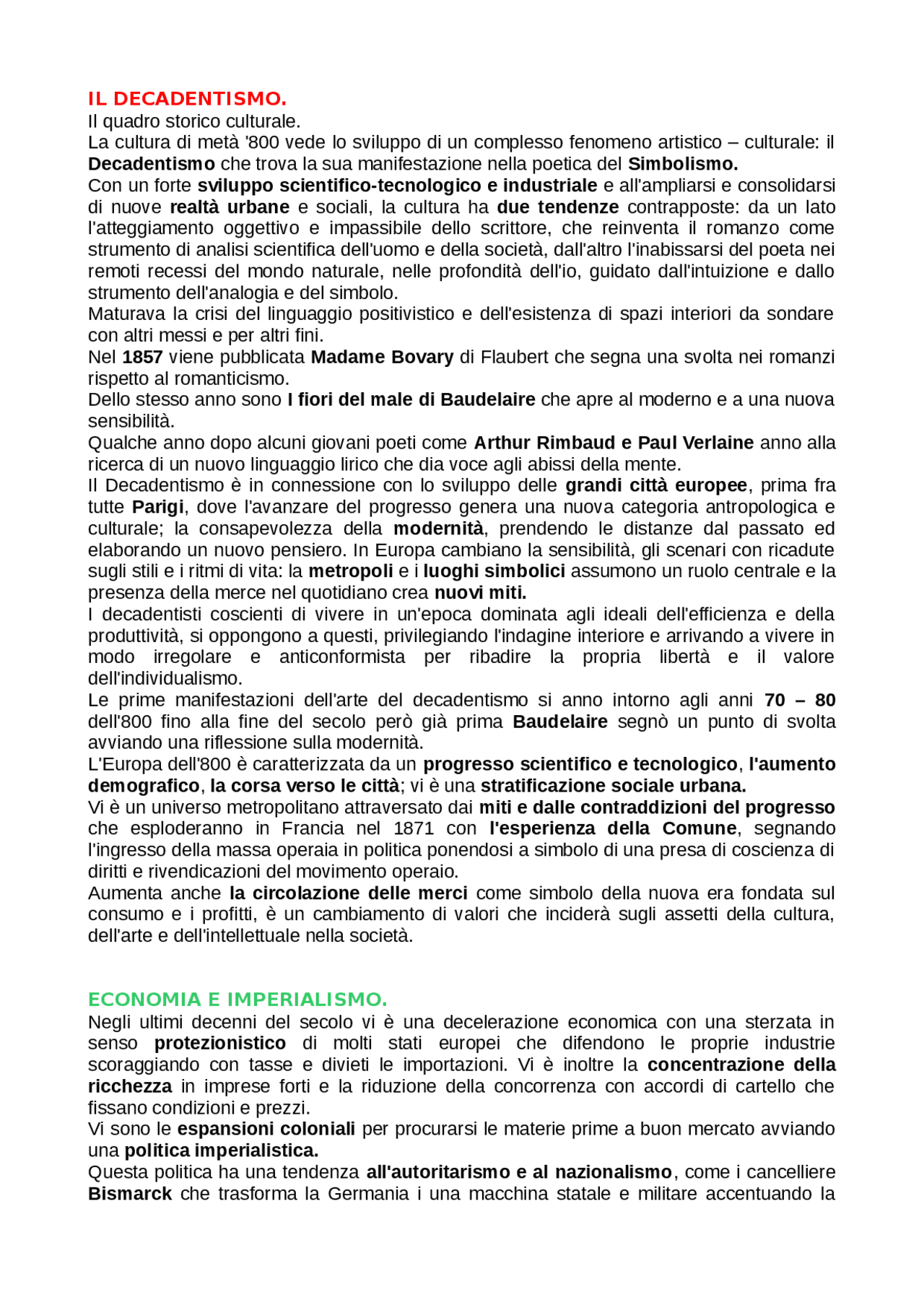 Riassunto Sul Decadentismo Docsity
