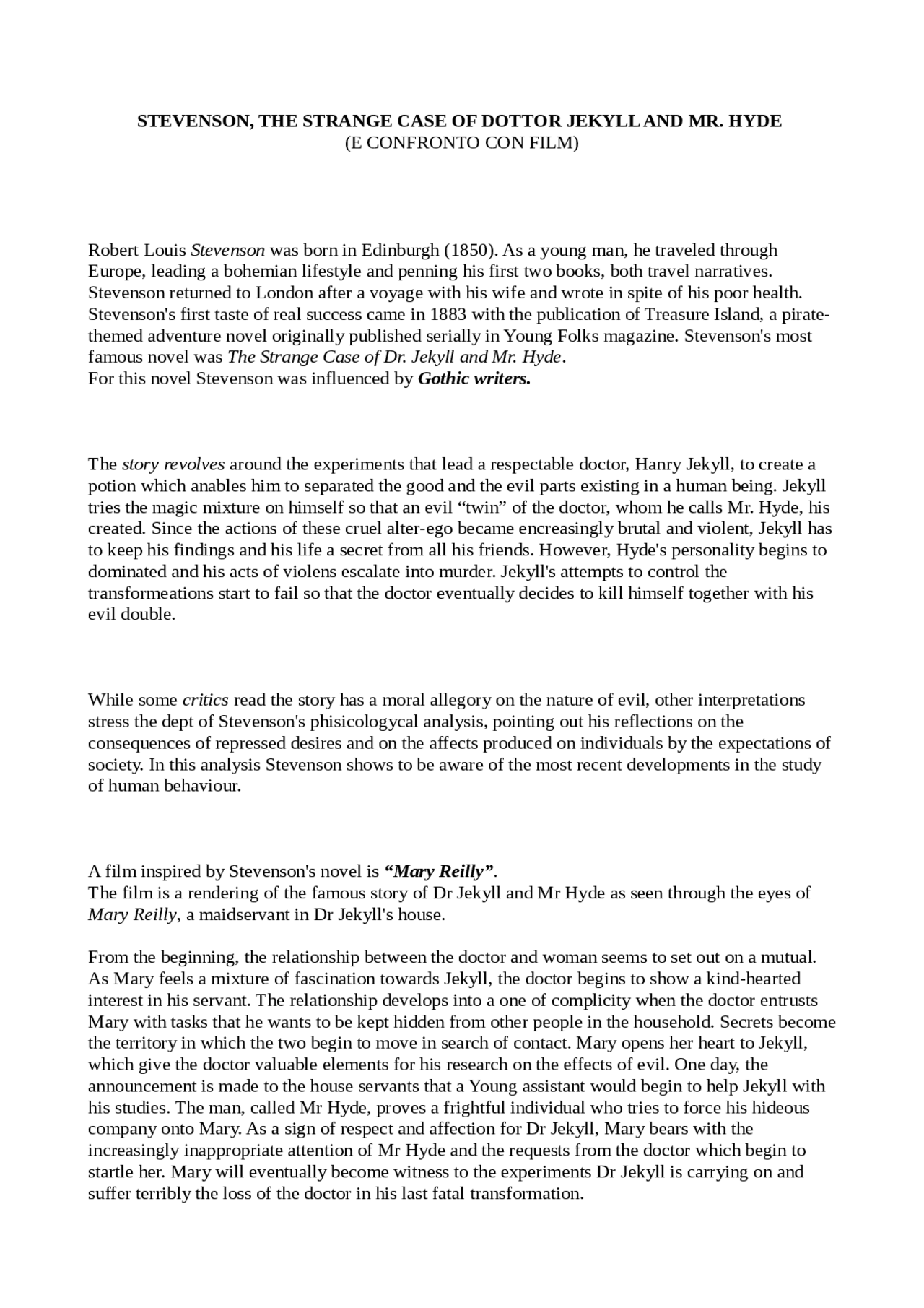 Inglese The Strange Case Of Dr Jekyll And Mr Hyde Docsity