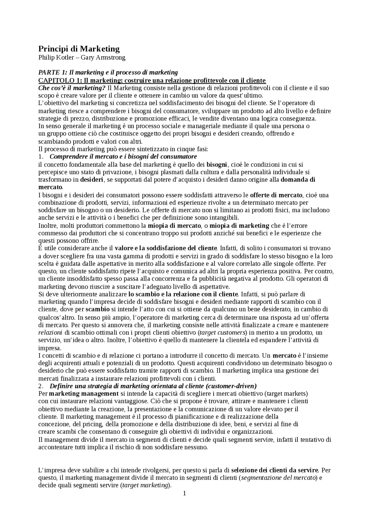 Riassunto Principi Di Marketing Docsity