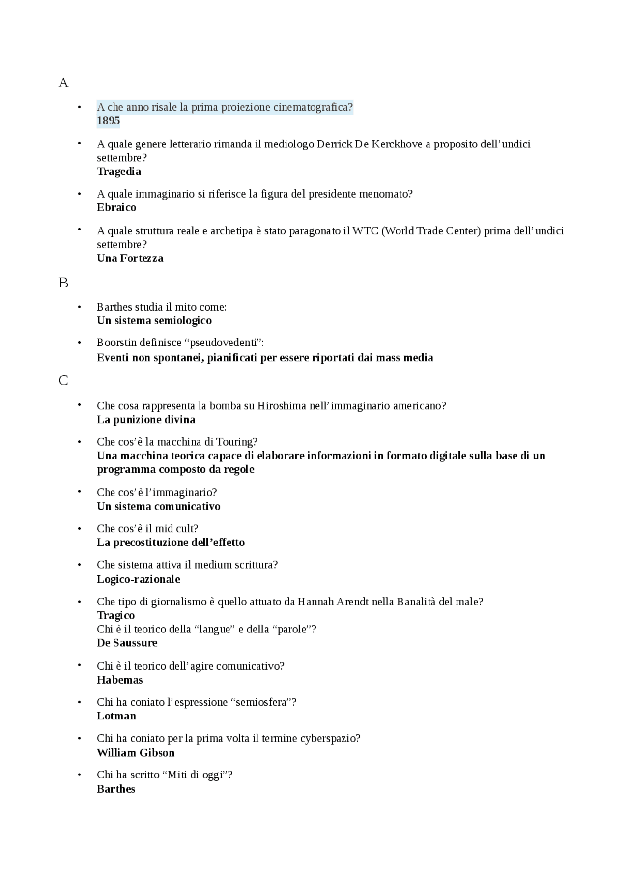 Risposte Test 1 Mediologia Docsity