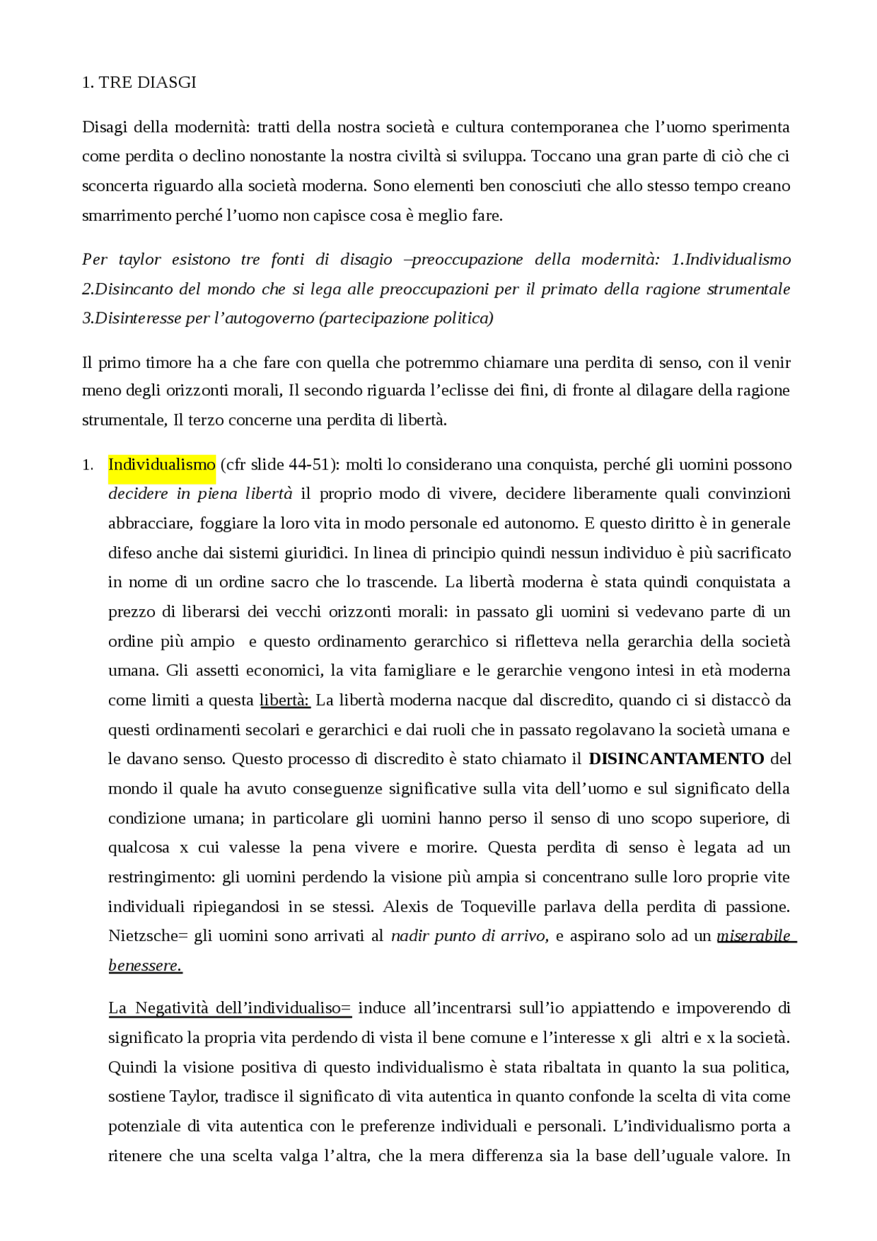 Riassunto completo del libro di Charles Taylor: Il disagio della ...