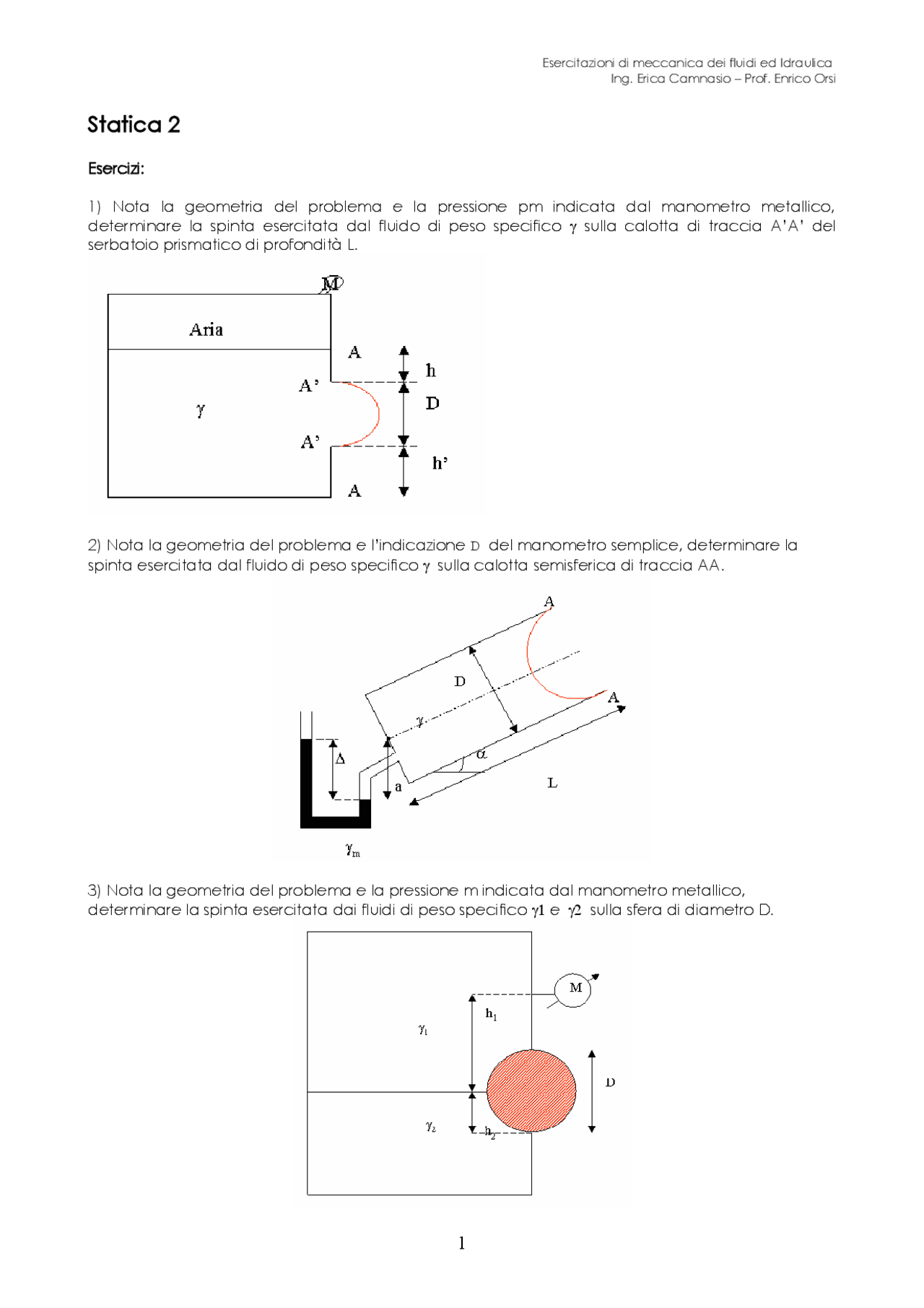 Esercizi di statica dei fluidi | Esercizi di Idraulica | Docsity