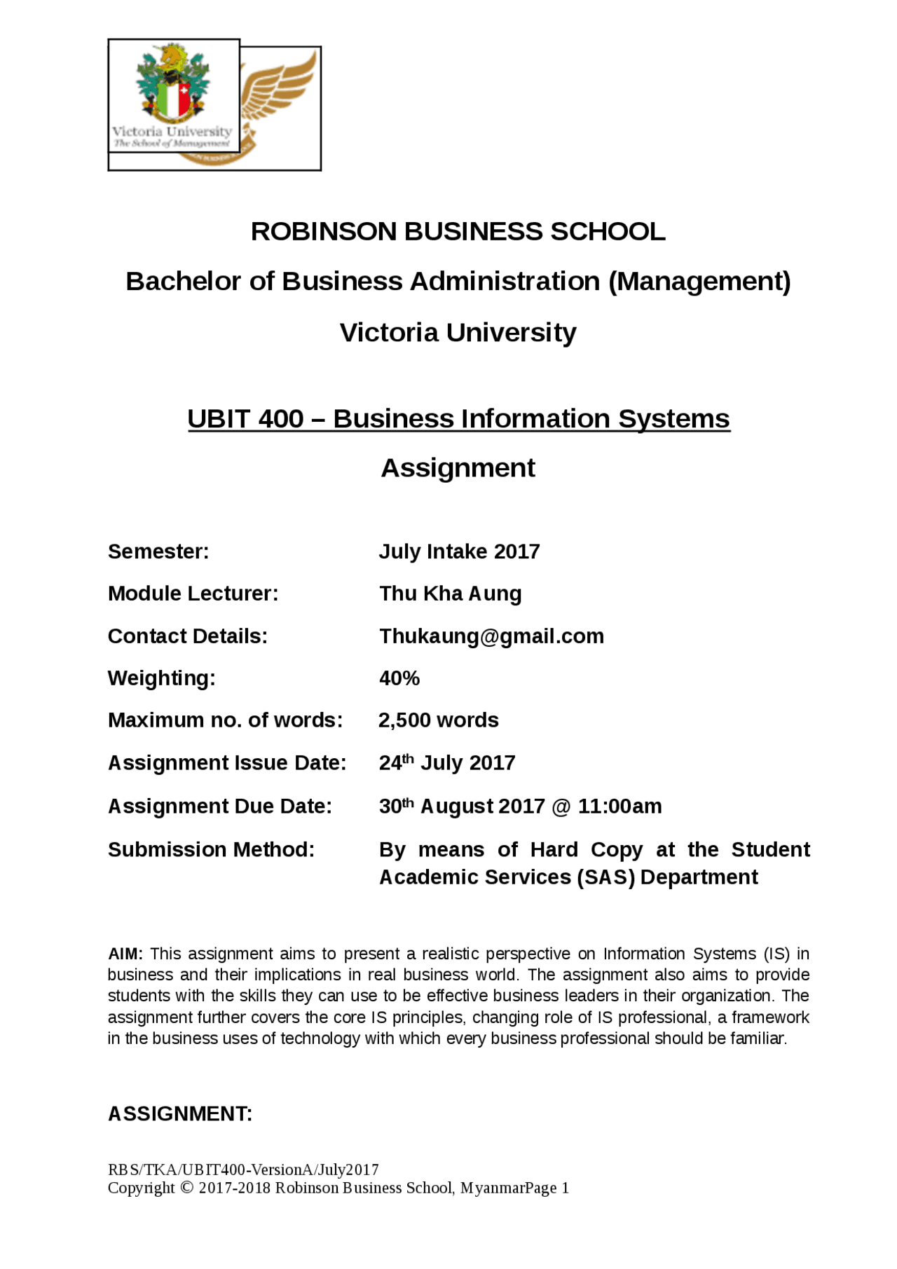 Business Information Systems Final Assignment Version A Docsity