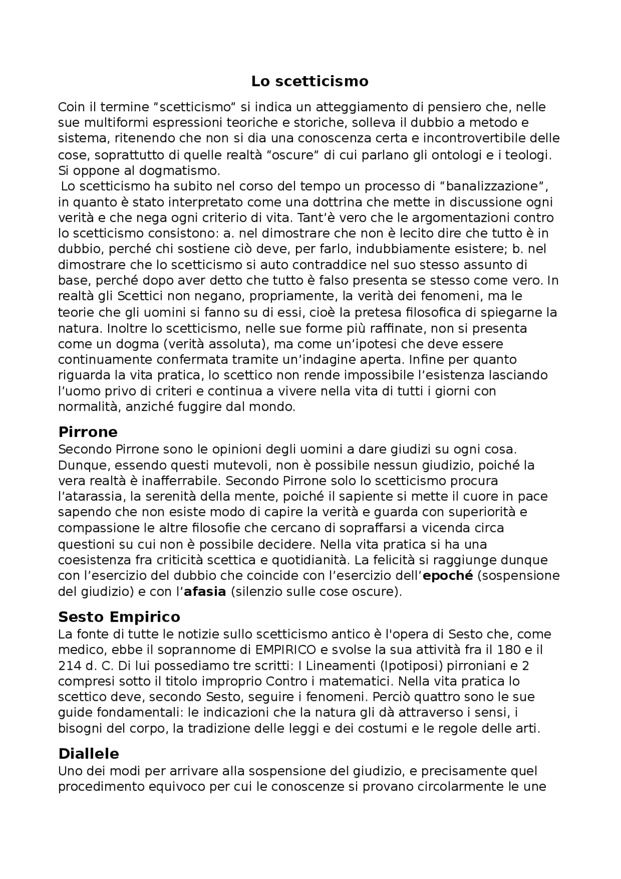 Lo scetticismo e gli scettici - Docsity