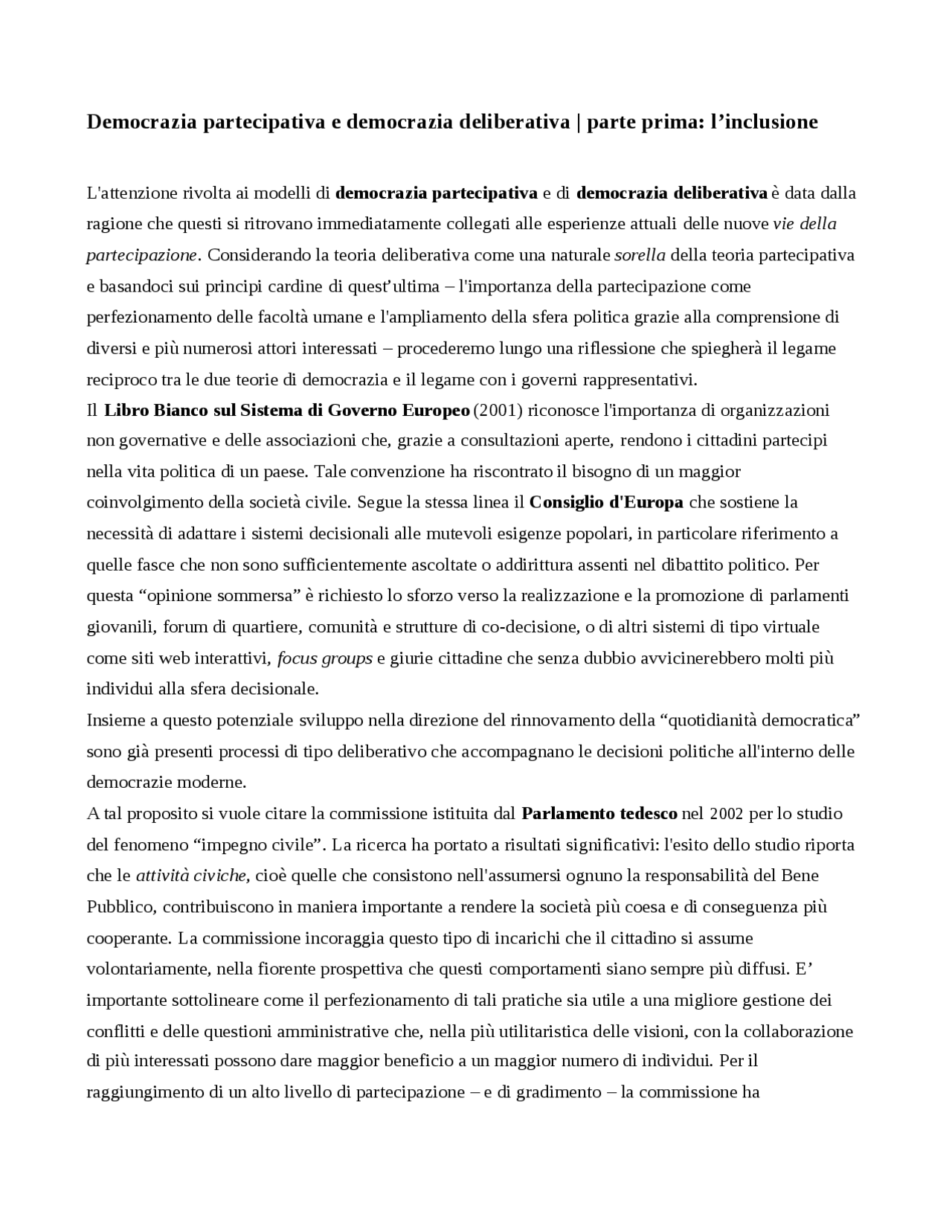 Riassunto Democrazia Partecipativa Modalità Docsity