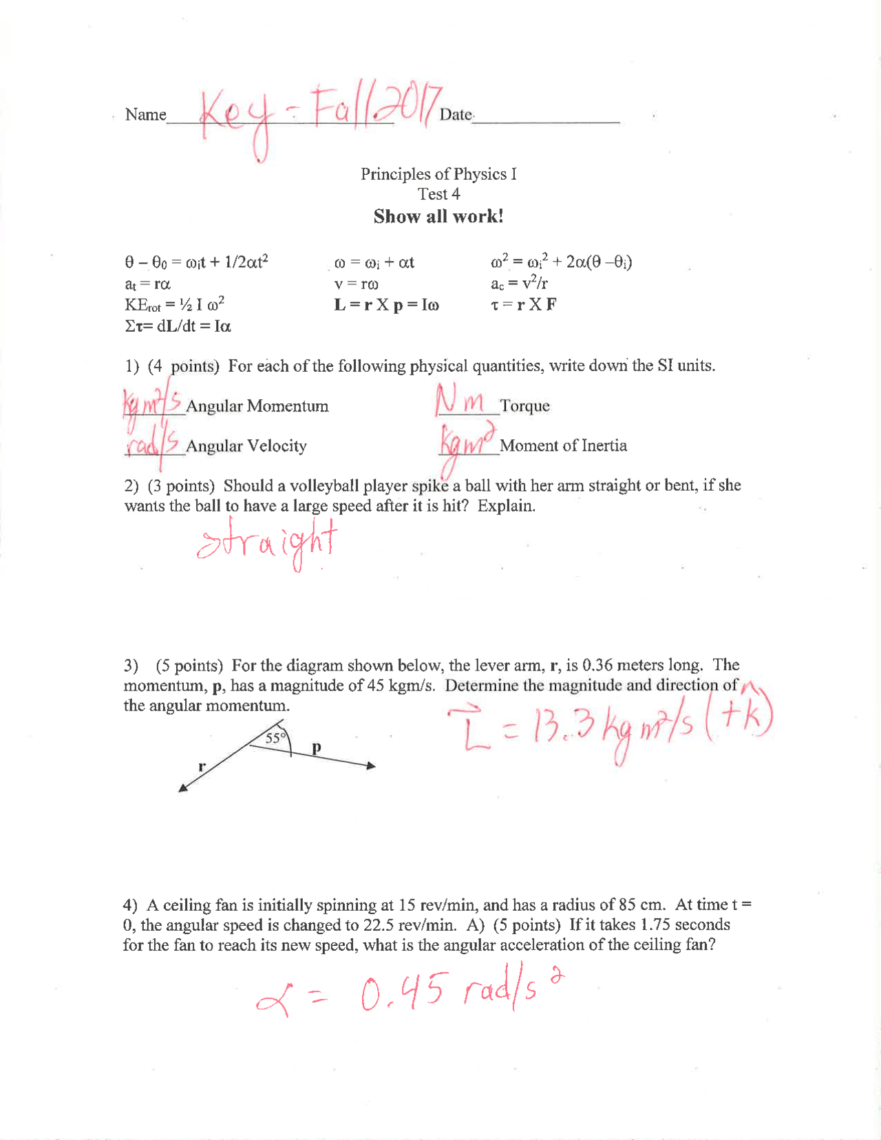 Exam 4 With Answer Key For Principles Of Physics I Phys 1211k Docsity