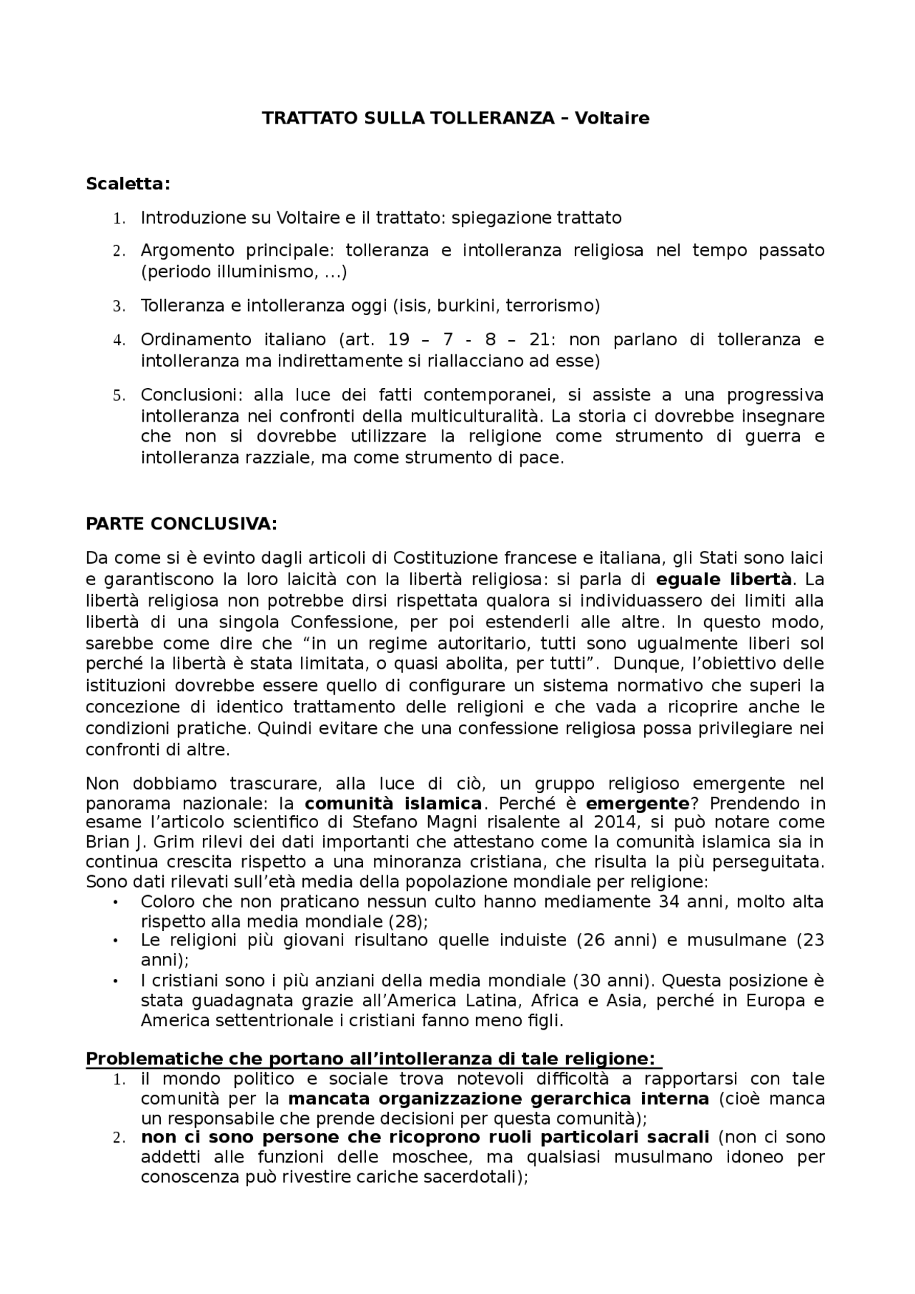 TRATTATO SULLA TOLLERANZA - Docsity