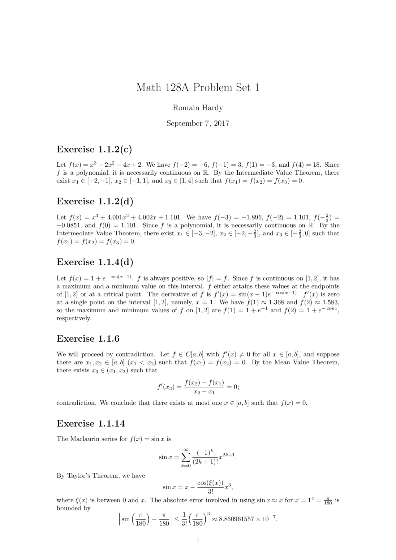 Problem Set 1 Math 128a Docsity