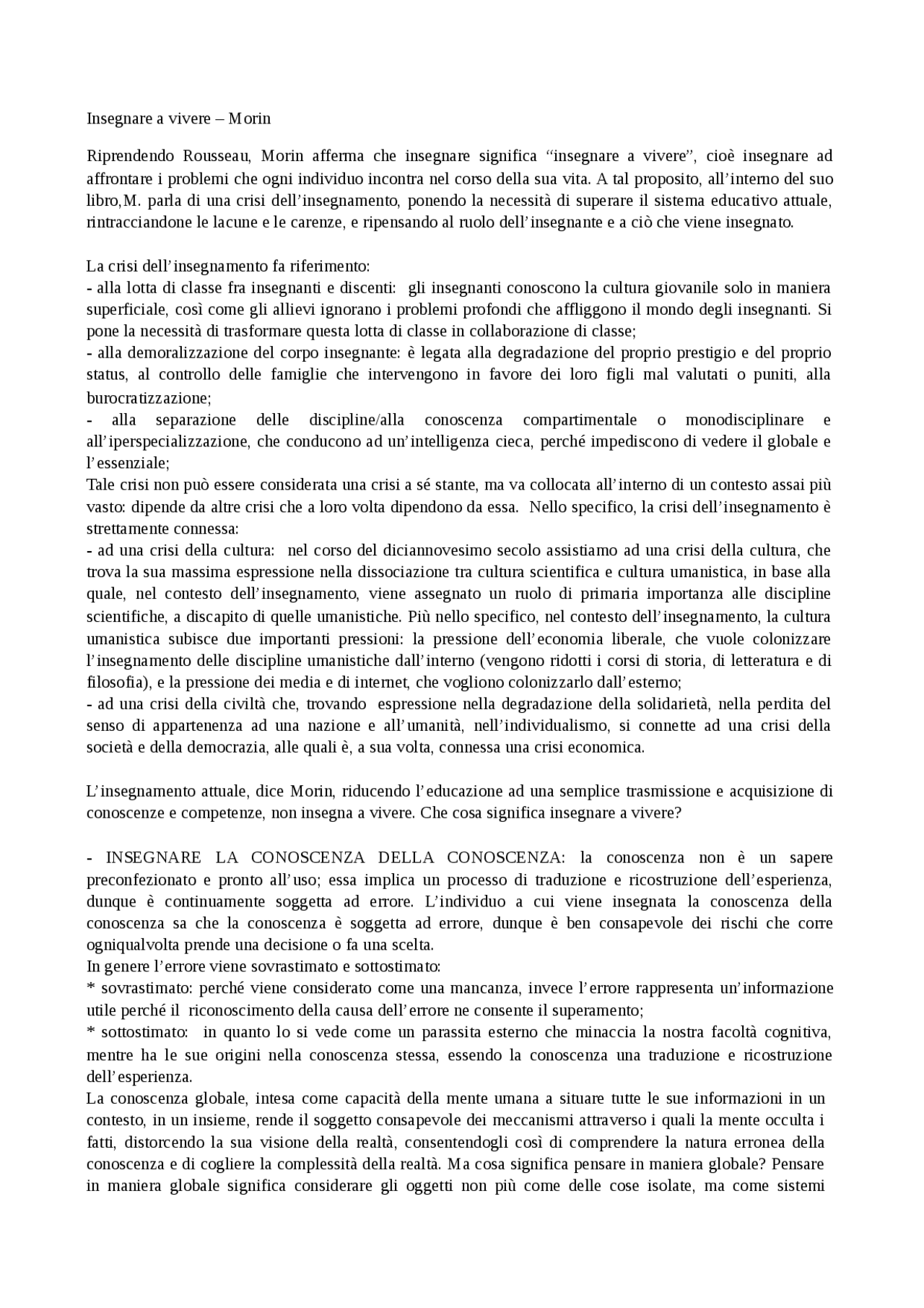 Riassunto Ben Fatto Del Libro Insegnare A Vivere Manifesto Per