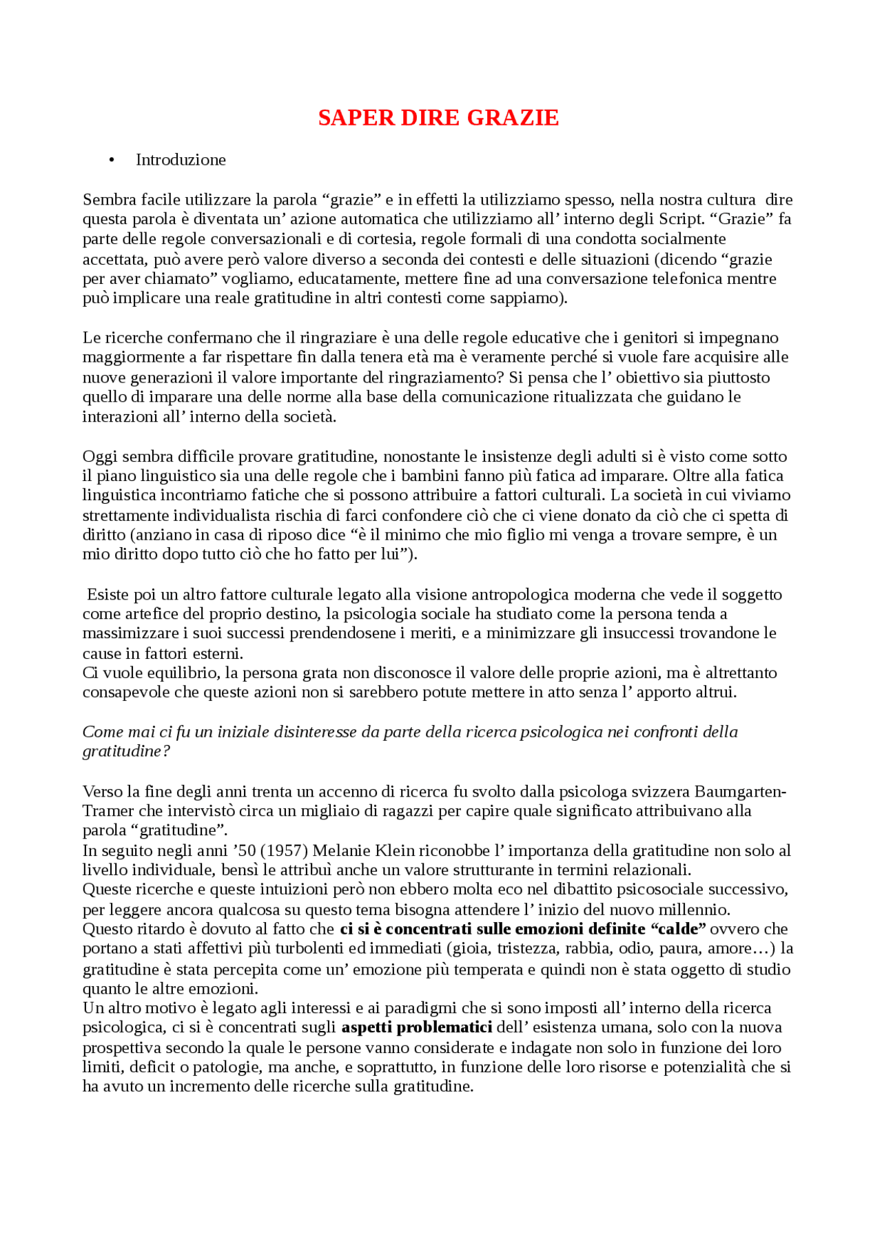 Saper Dire Grazie Riassunto Docsity