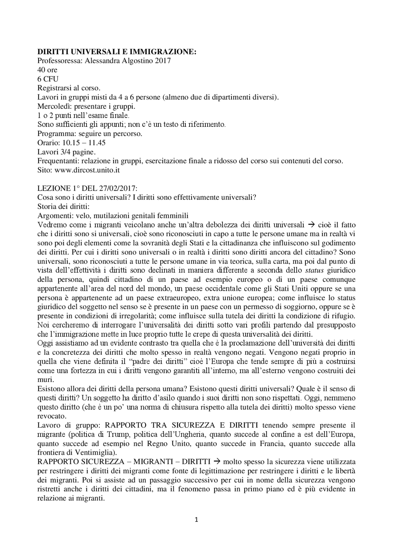 Diritti universali e immigrazione - Algostino TORINO - Docsity