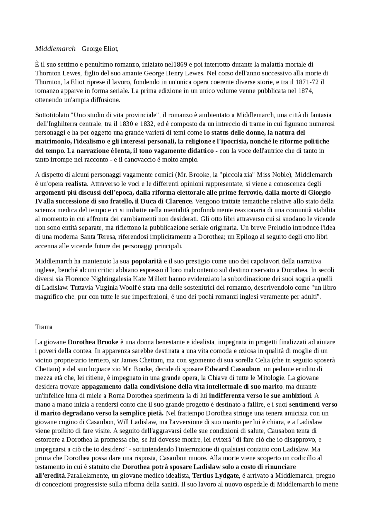 Riassunto Middlemarch Docsity